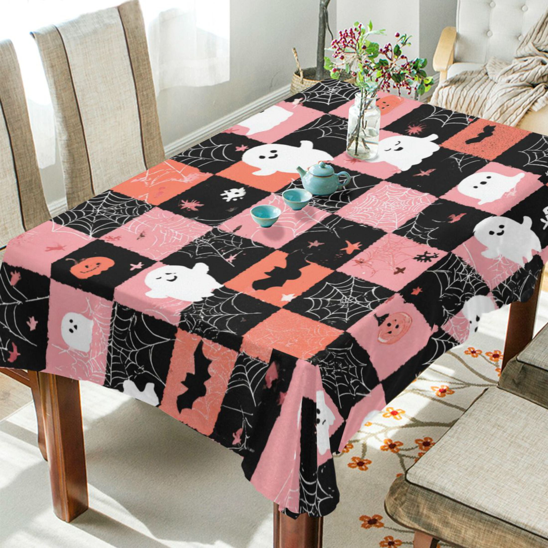 DEIARA Cartoon Ghost Grid Square Tablecloth 60×120in Polyester Fabric ...