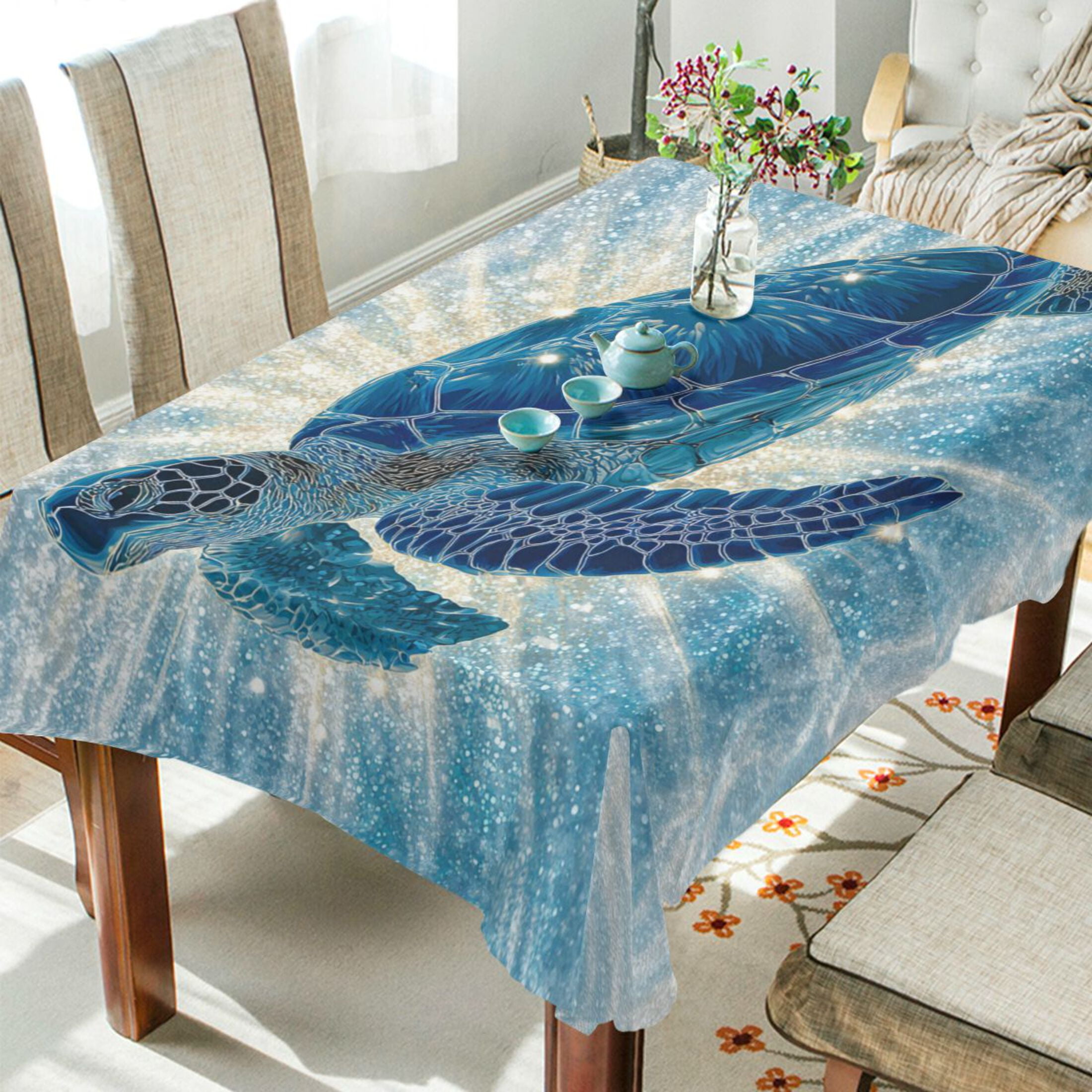 DEIARA Deep Blue Sea Turtle Square Tablecloth 60×120in Polyester Fabric ...