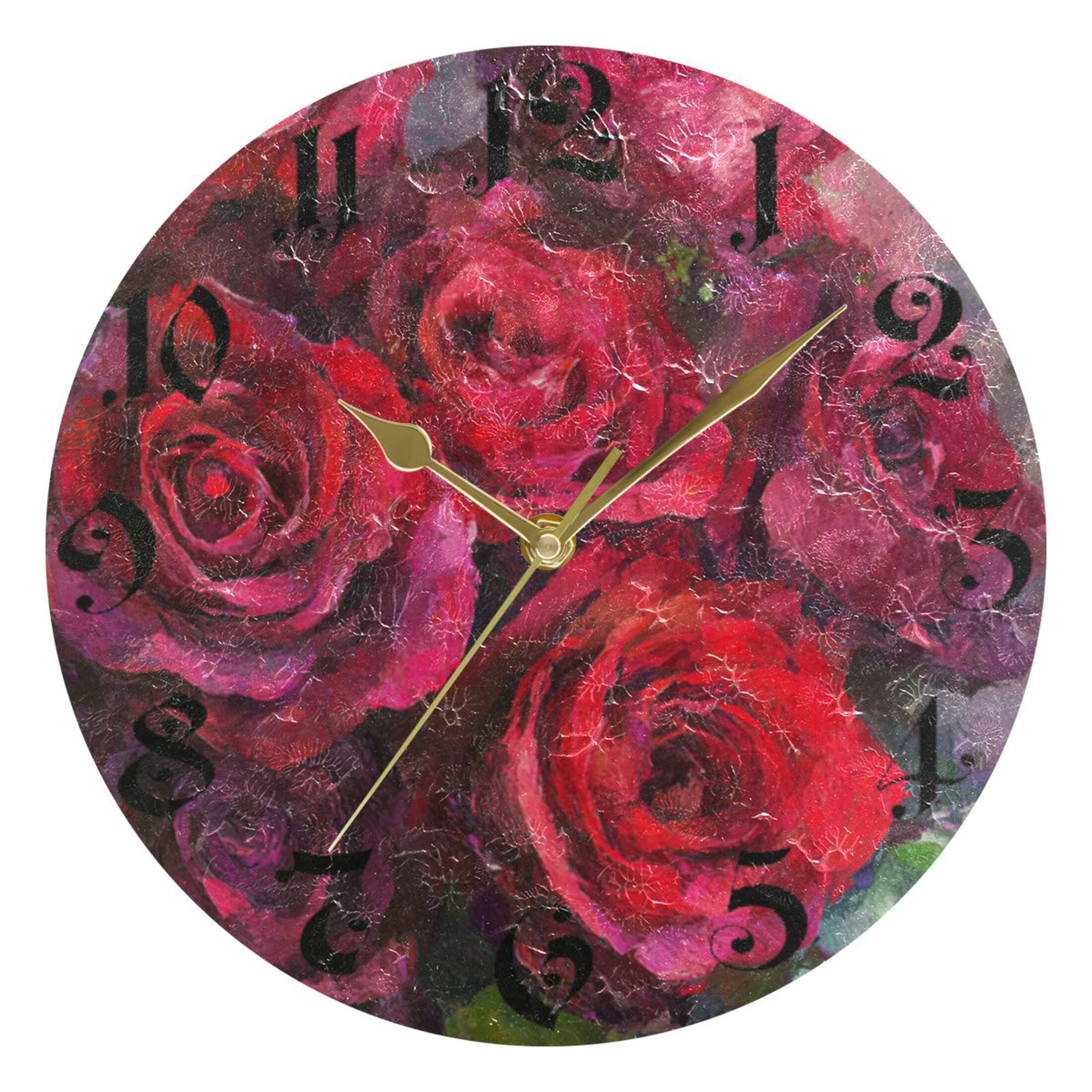 DEIARA Deep Red Roses Burgundy Butterfly Wall Clock 10in Silent ...