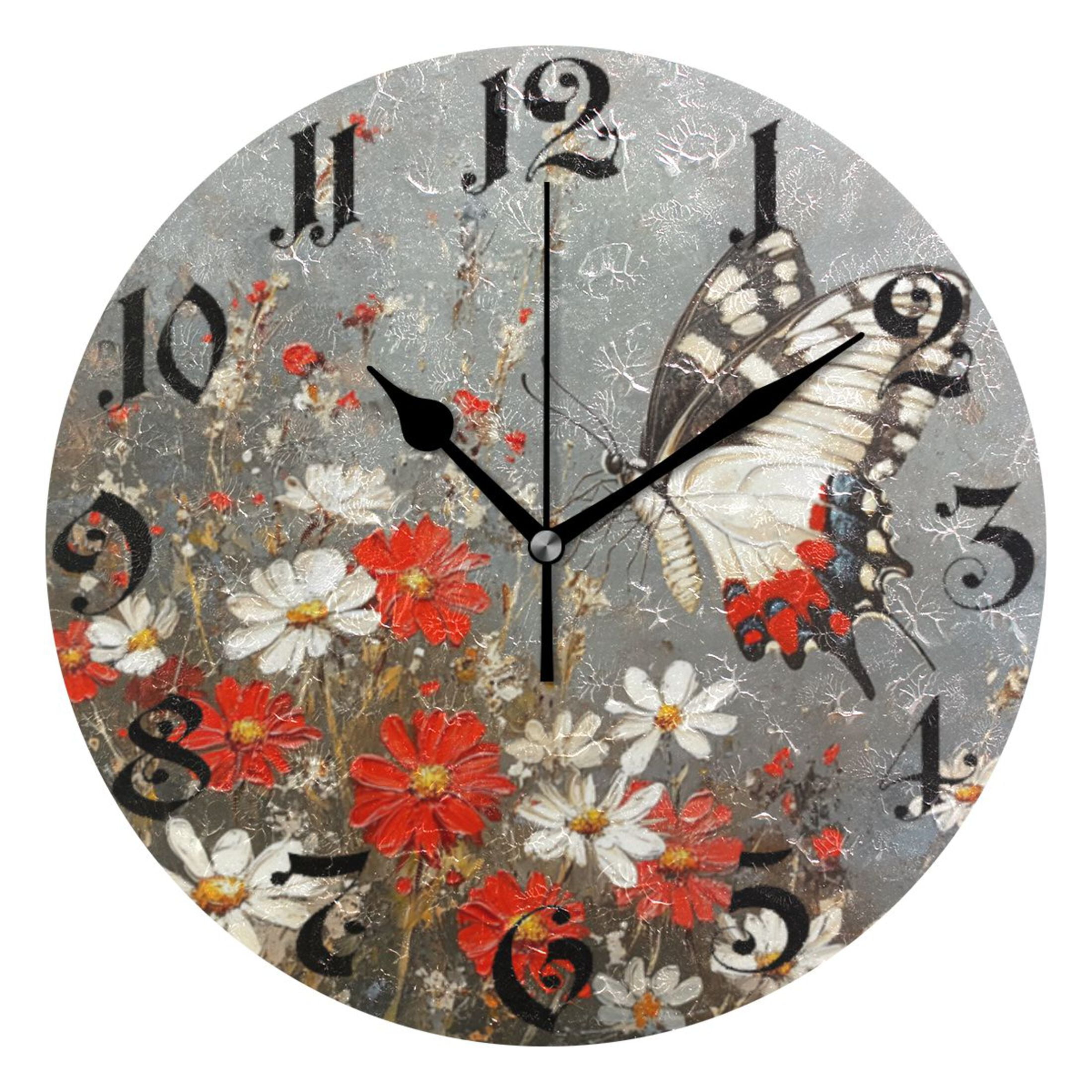 DEIARA Flower Butterfly Burgundy Butterfly Wall Clock 10in Silent ...