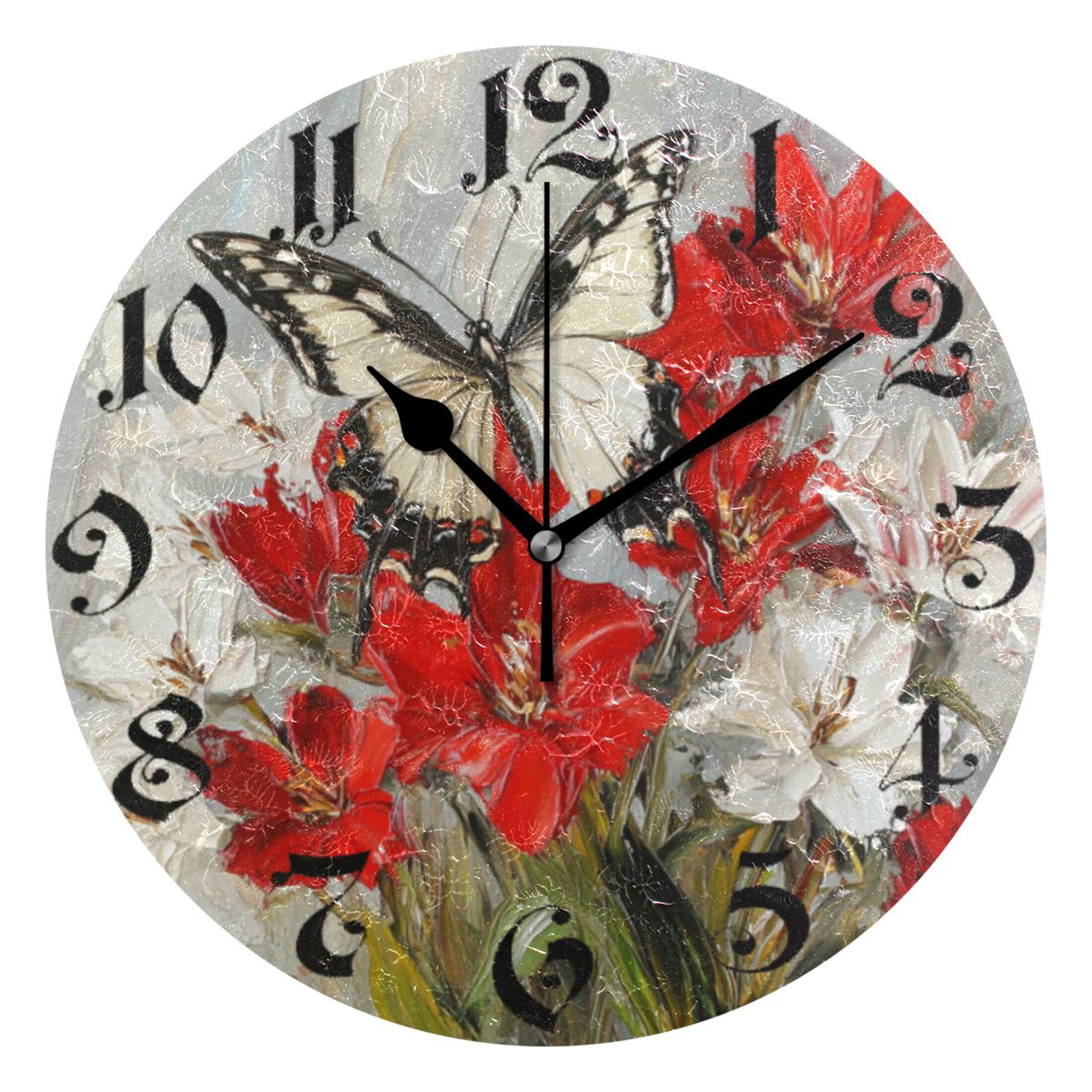 DEIARA Lily Butterfly Burgundy Butterfly Wall Clock 10in Silent ...