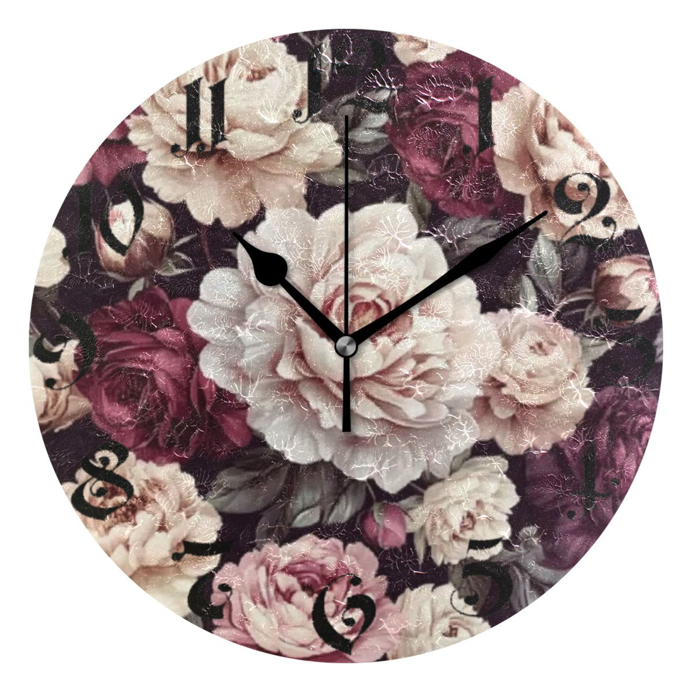 DEIARA Milk White Peony Burgundy Butterfly Wall Clock 10in Silent ...
