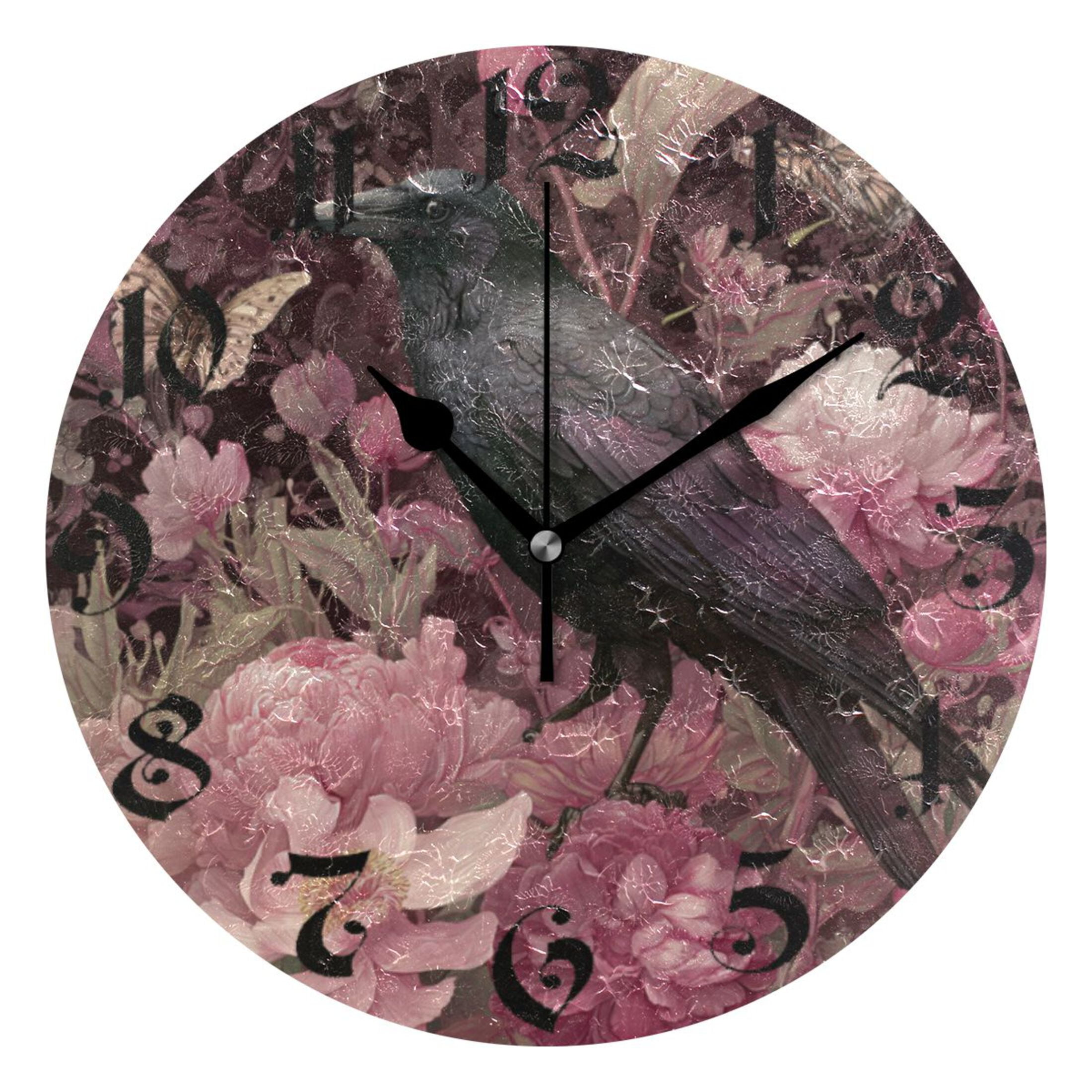 DEIARA Peony Crow Burgundy Butterfly Wall Clock 10in Silent Mechanism ...