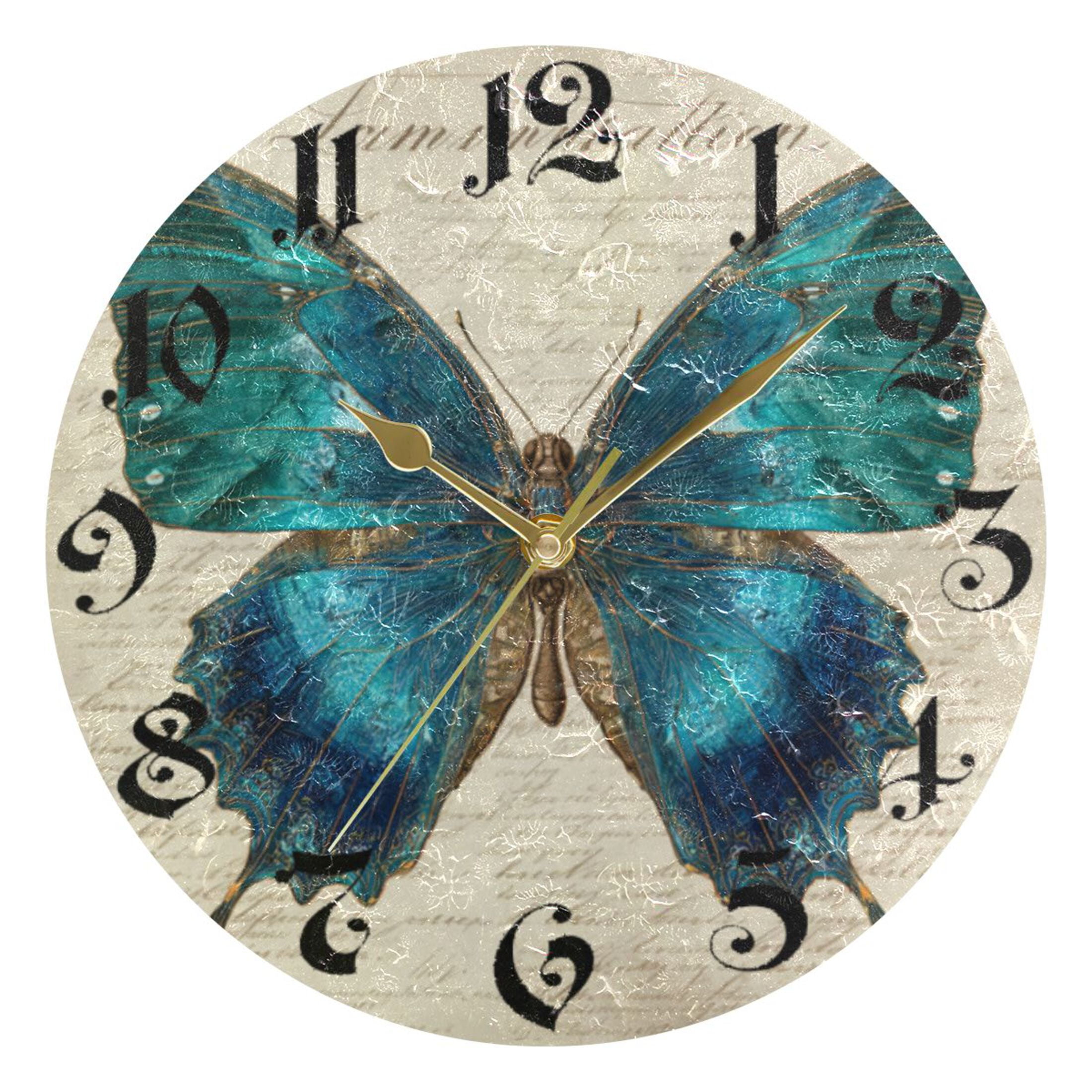 DEIARA Royal Blue Butterfly Burgundy Butterfly Wall Clock 10in Silent ...