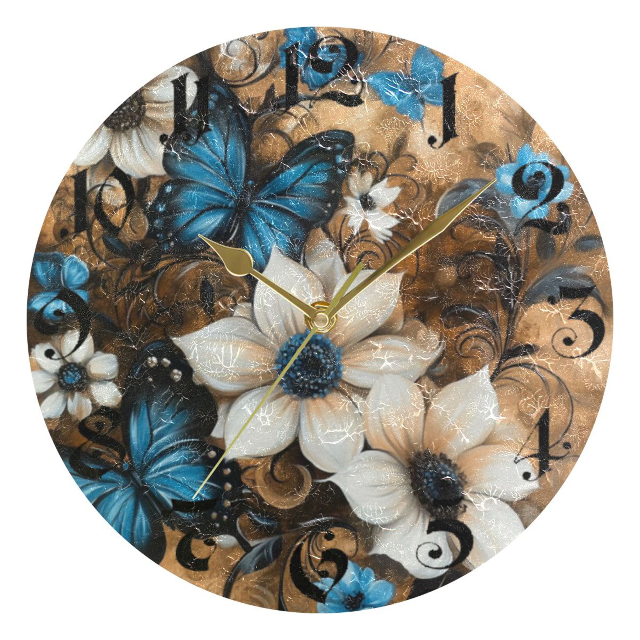 DEIARA Stunning Floral Burgundy Butterfly Wall Clock 10in Silent ...