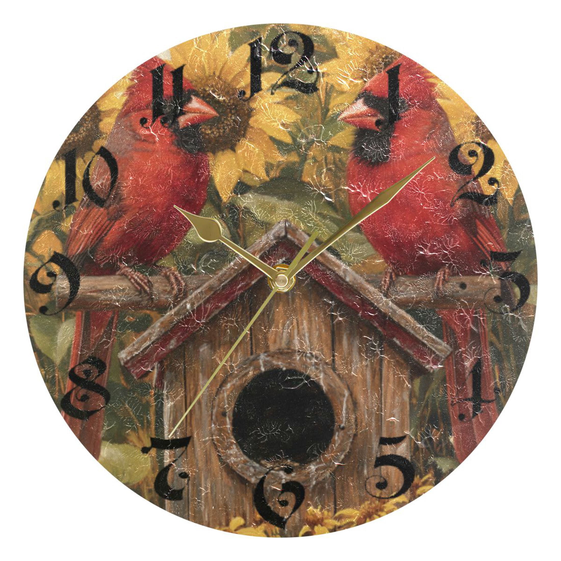 DEIARA Summer Sunflowers Cardinal Bird Burgundy Butterfly Wall Clock ...