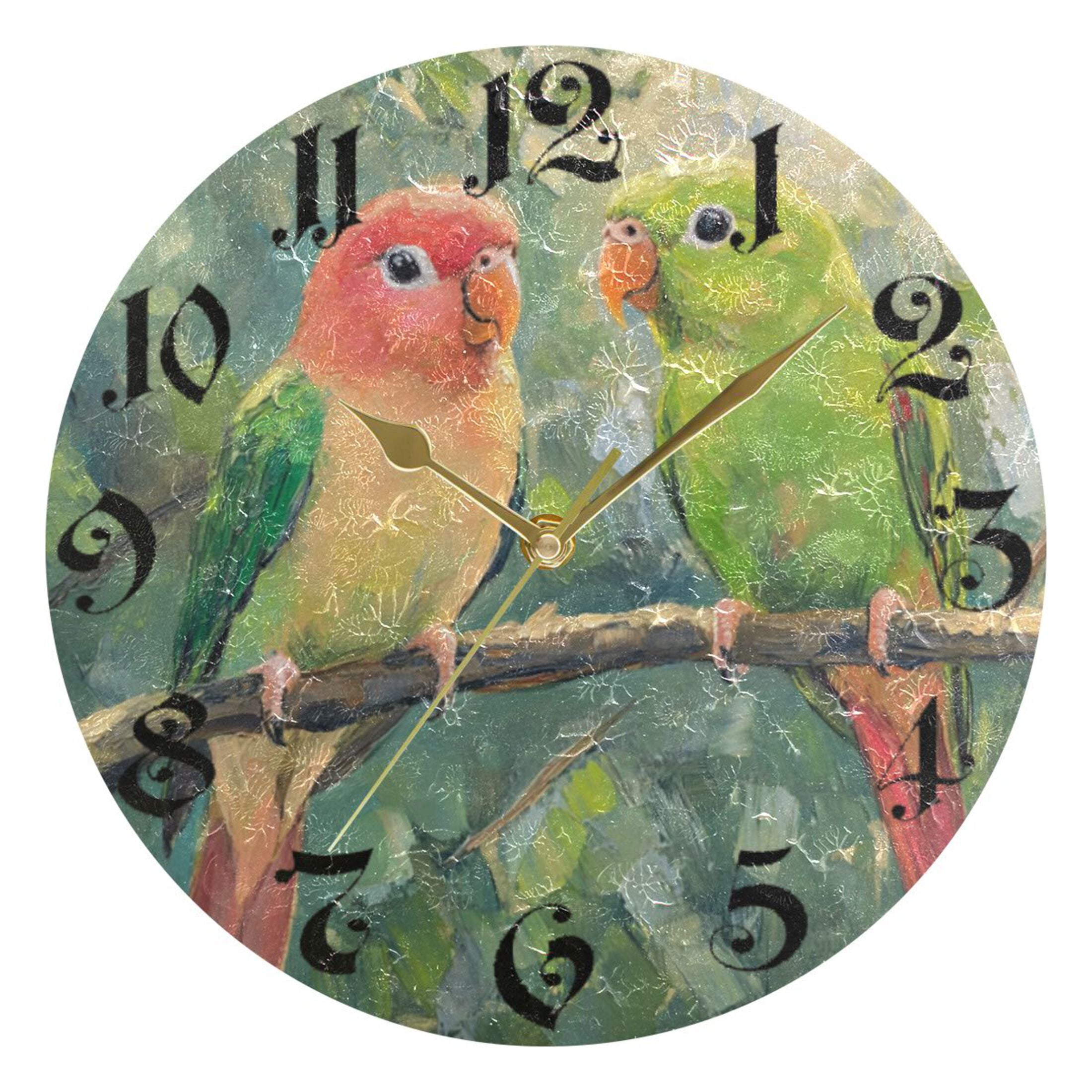 DEIARA Two Playful Parrots Burgundy Butterfly Wall Clock 10in Silent ...
