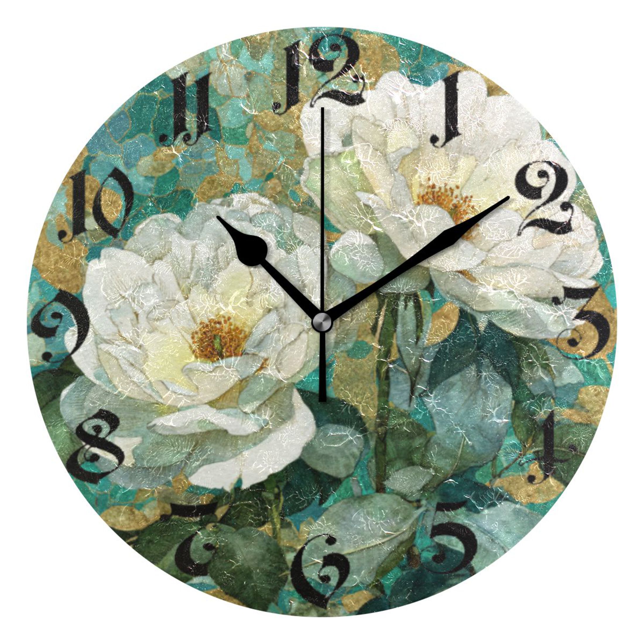 DEIARA White Peonies Burgundy Butterfly Wall Clock 10in Silent ...