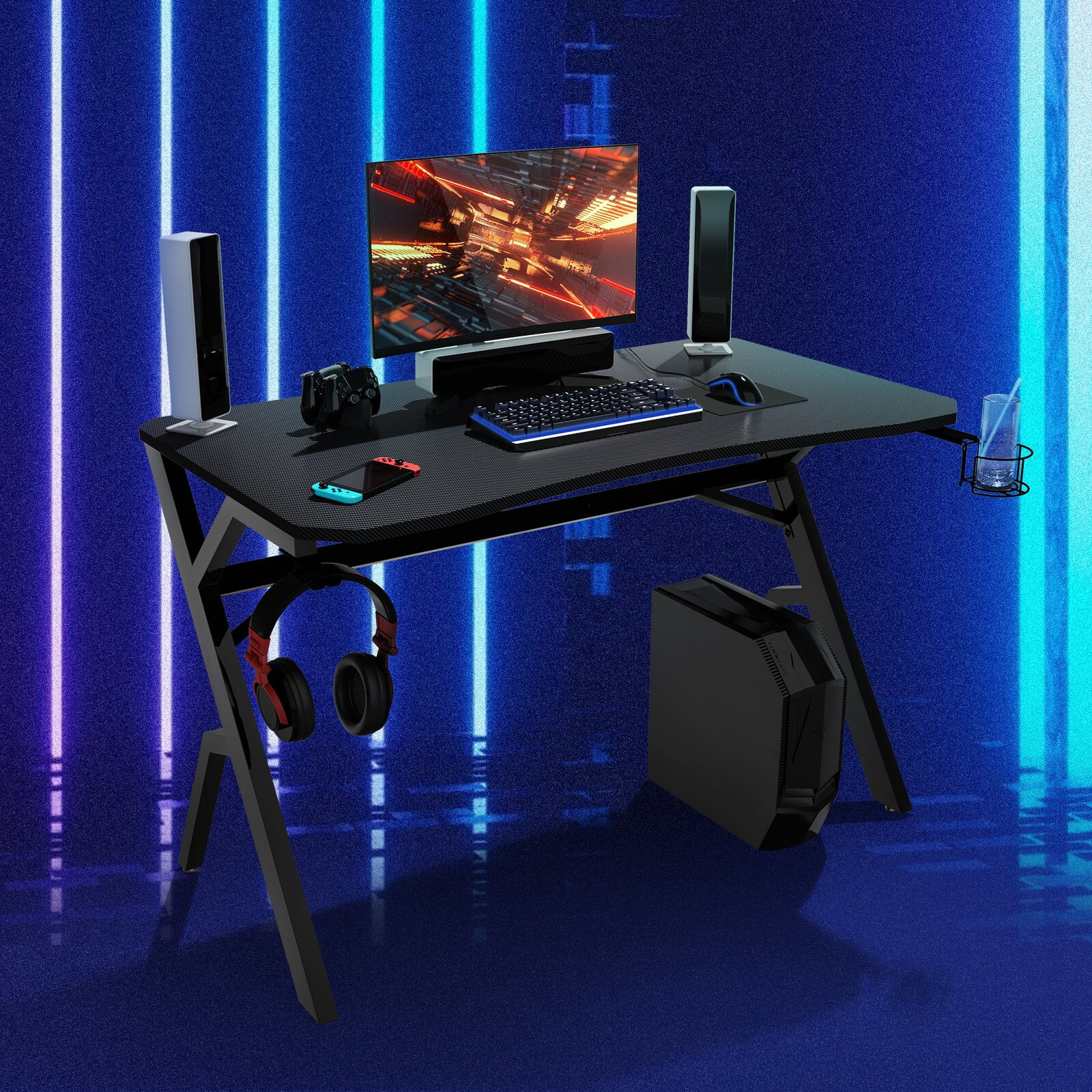 DEILALY 47" Wide Carbon Fiber Surface Computer Gaming Desk with Cup ...