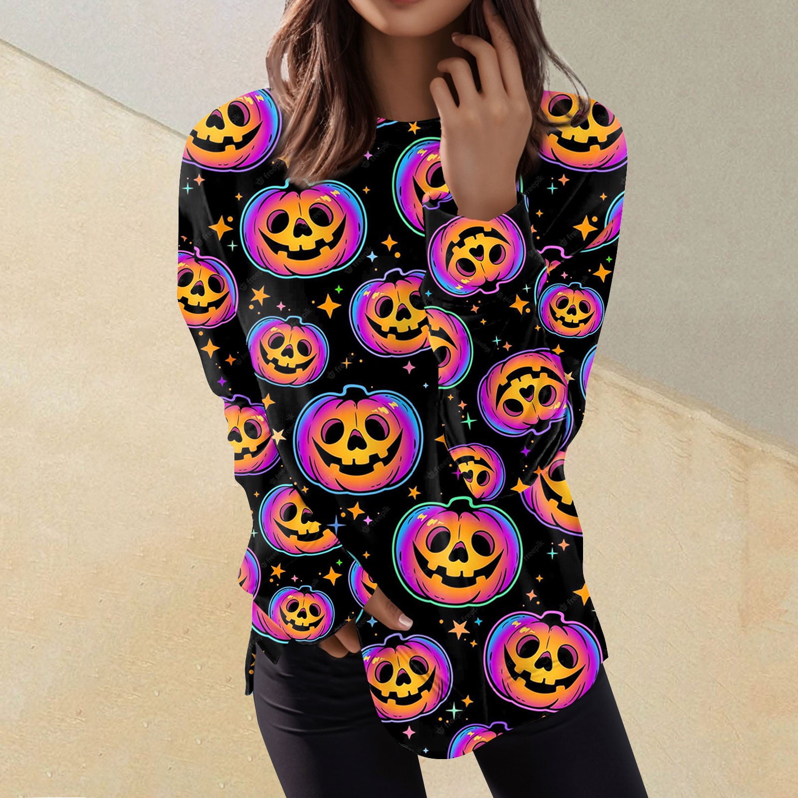 DEJUPE Halloween Decorations, Women's Casual Pumpkin Halloween Print Long Sleeve Round Neck ...