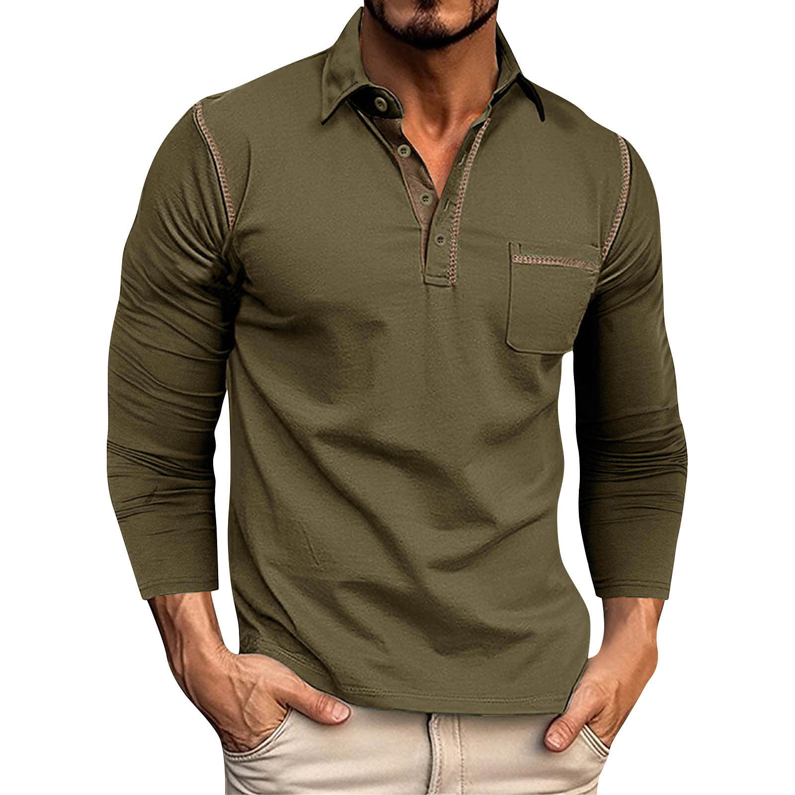 DEJUPE Men's Autumn T-Shirt V Neck 3 Botton Open Placket Button Long ...