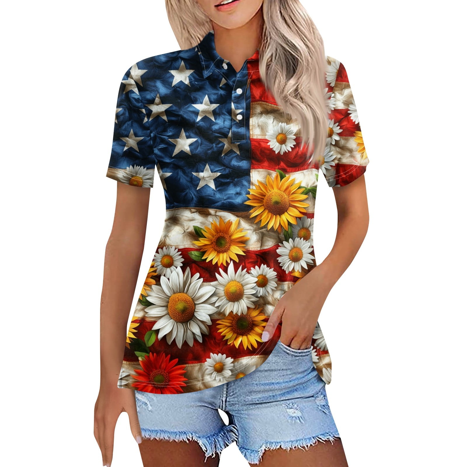 DEJUPE Patriotic Shirts for Women, Women's Patriotic Short Sleeve Polo ...