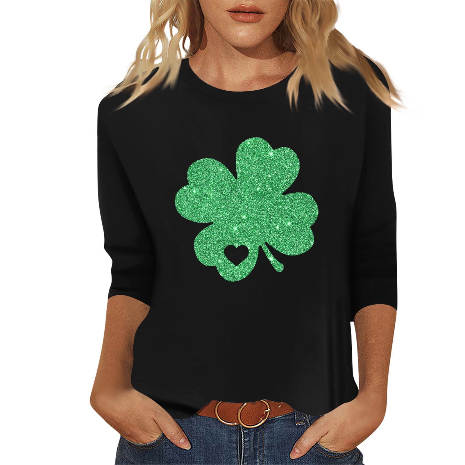 DEJUPE Women's Casual Black Long Sleeve Top with Green Clover Print ...