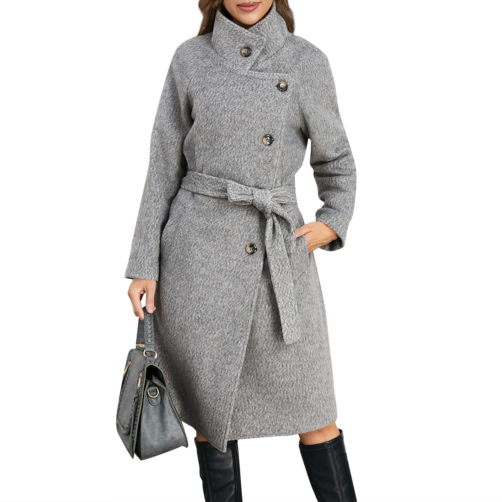 DEJUPE Women's Elegant Long Wool Blend Coat with Belt, Double-Breasted ...