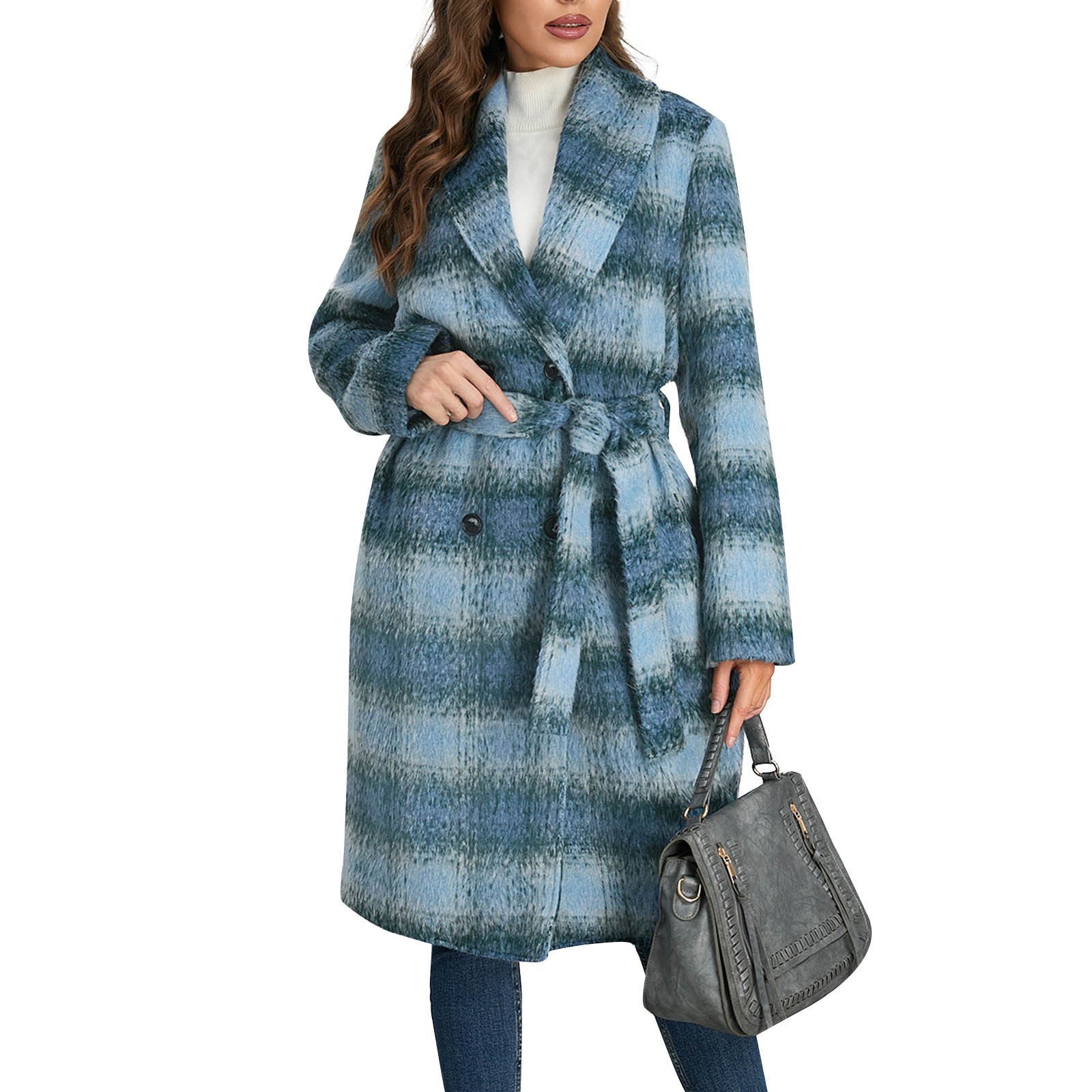 DEJUPE Women's Long Plaid Wool Blend Coat with Belt, Elegant Winter ...
