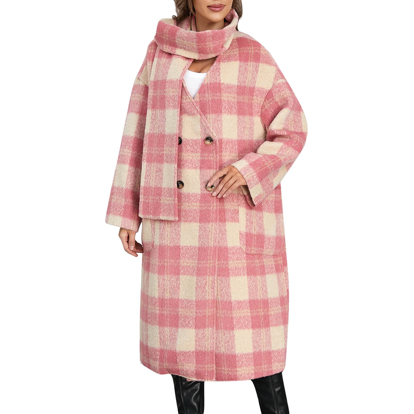 DEJUPE Women's Long Plaid Wool Blend Coat with Matching Scarf, Double ...