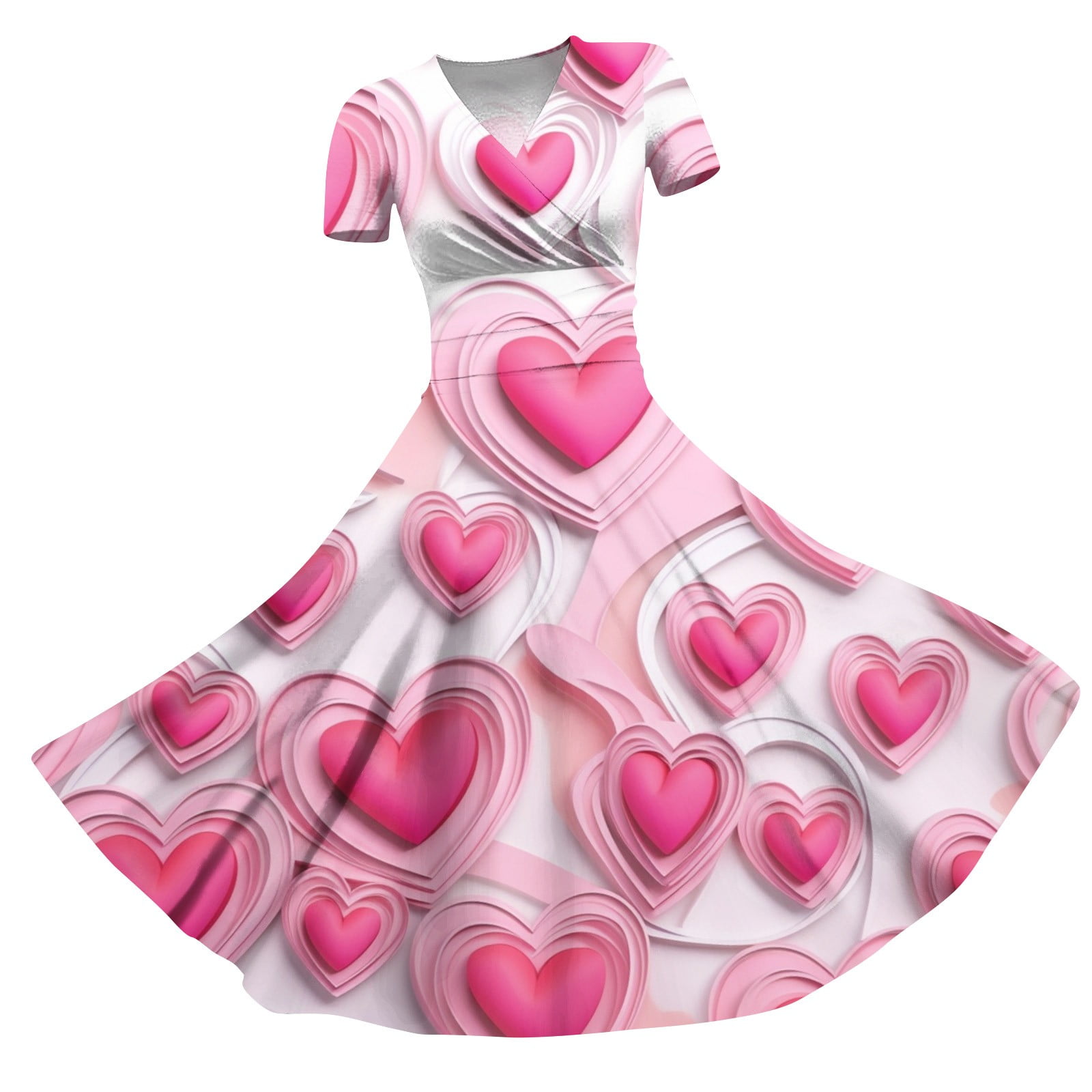 DEJUPE Women's V-Neck Heart Print A-Line Dress, Short Sleeve Casual ...