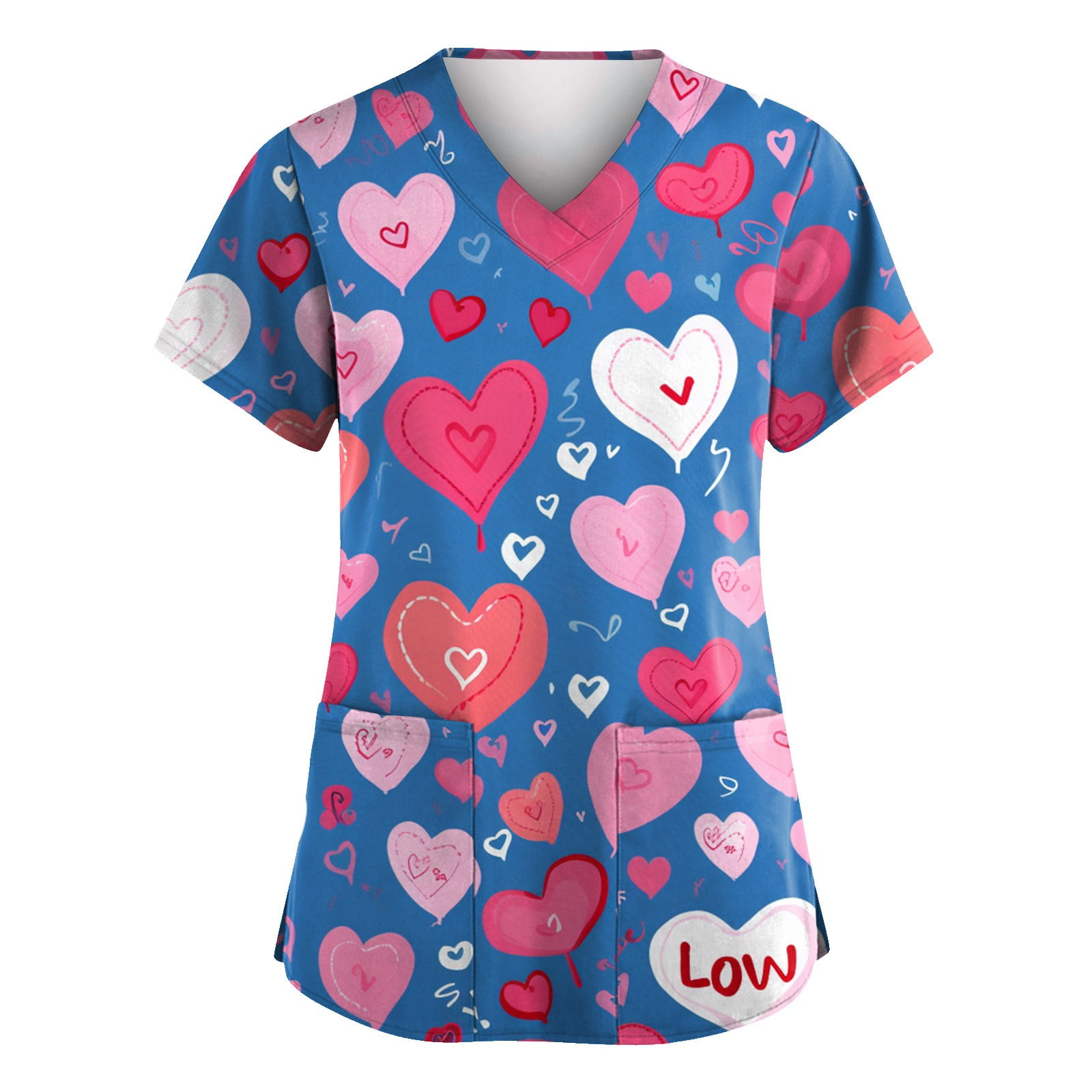 DEJUPE Women's V-Neck Heart Print Scrub Top Short Sleeve Medical ...