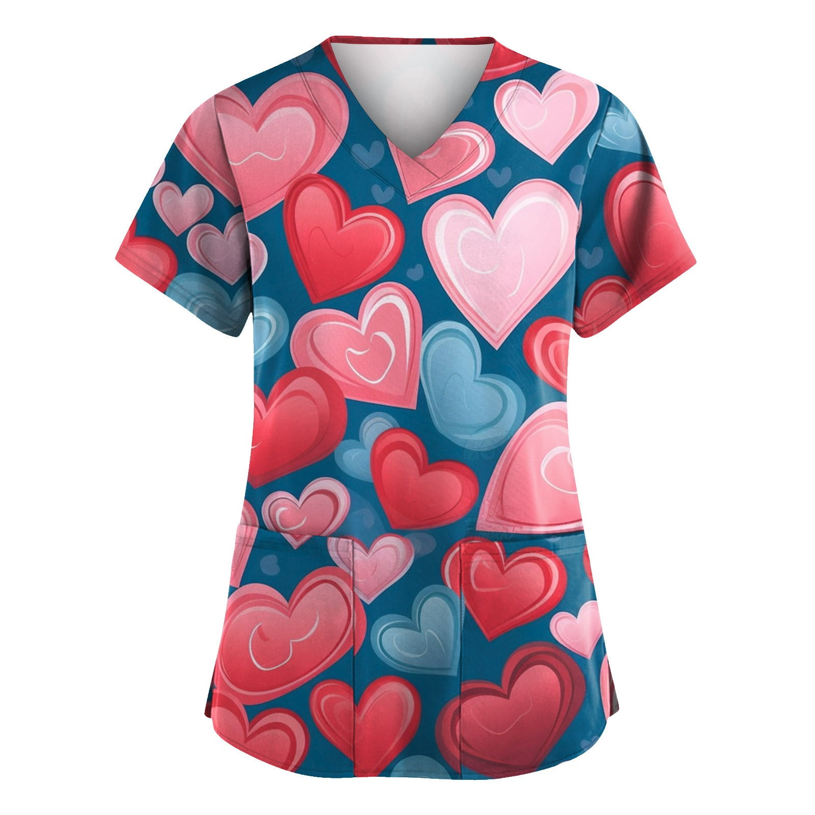 DEJUPE Women's V-Neck Heart Print Scrub Top Short Sleeve Medical ...