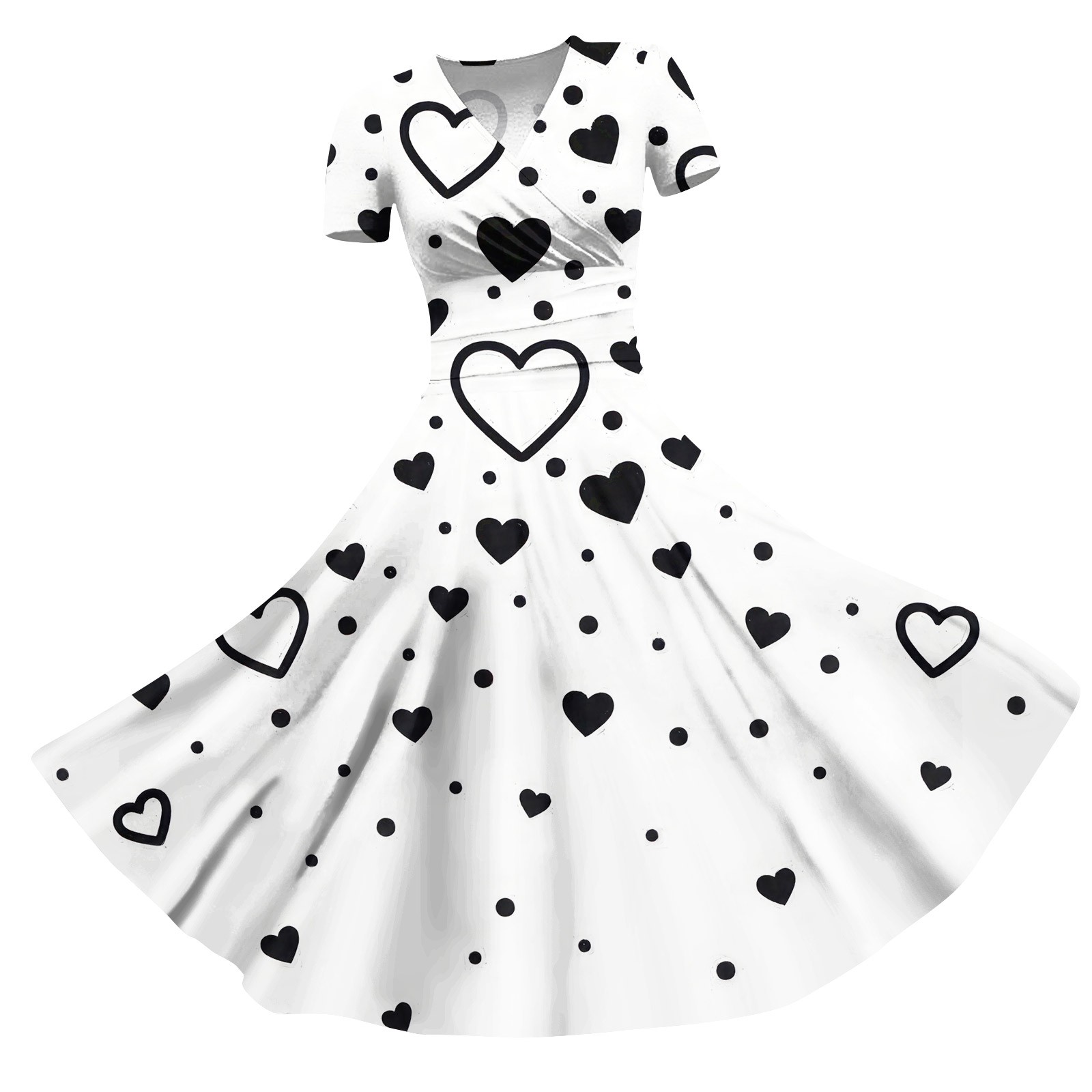 DEJUPE Women's Vintage Heart Print Dress Short Sleeve V-Neck A-Line ...