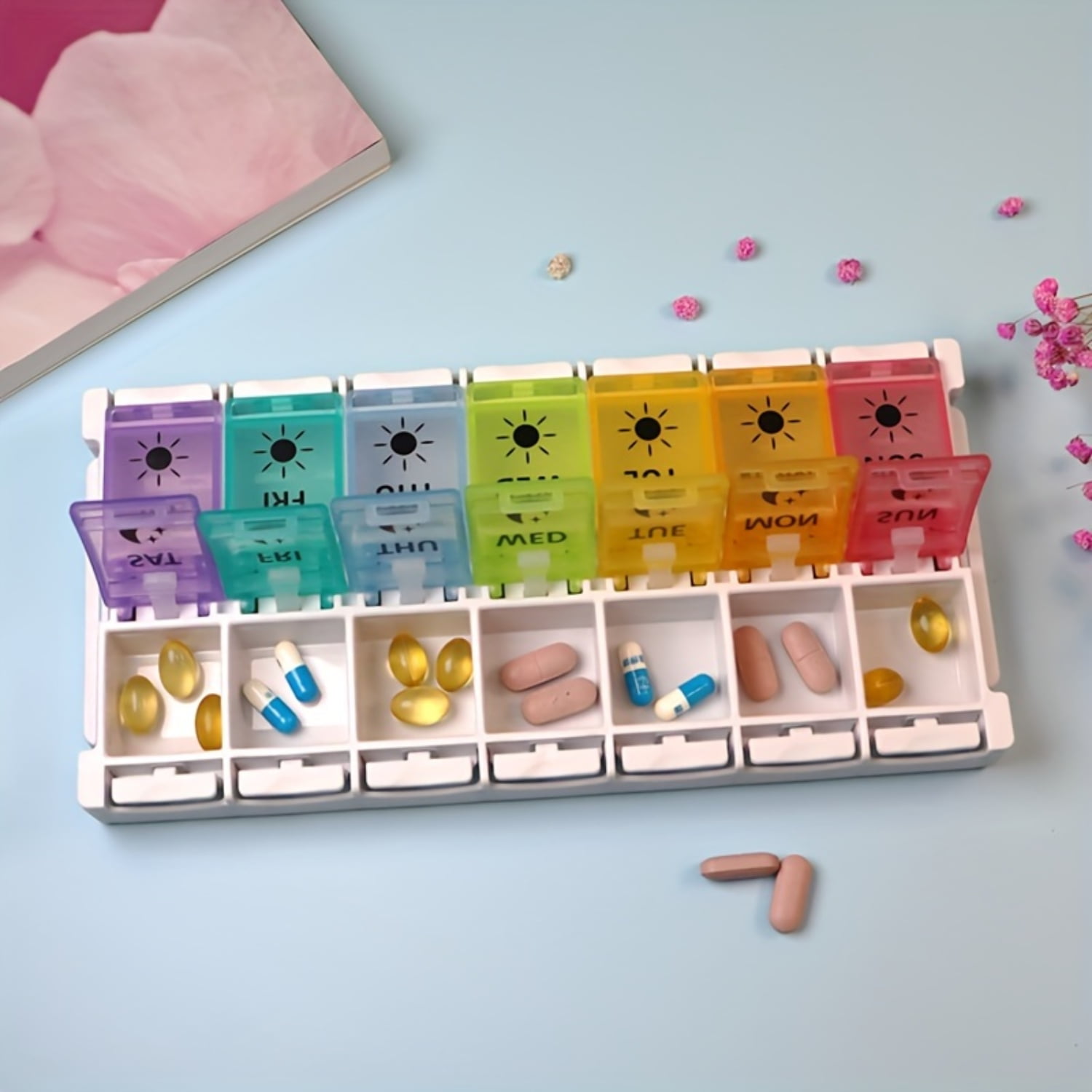 DEKAXID 1pc 7-Day Weekly Pill Organizer Dual-Row 14 Compartment Push ...