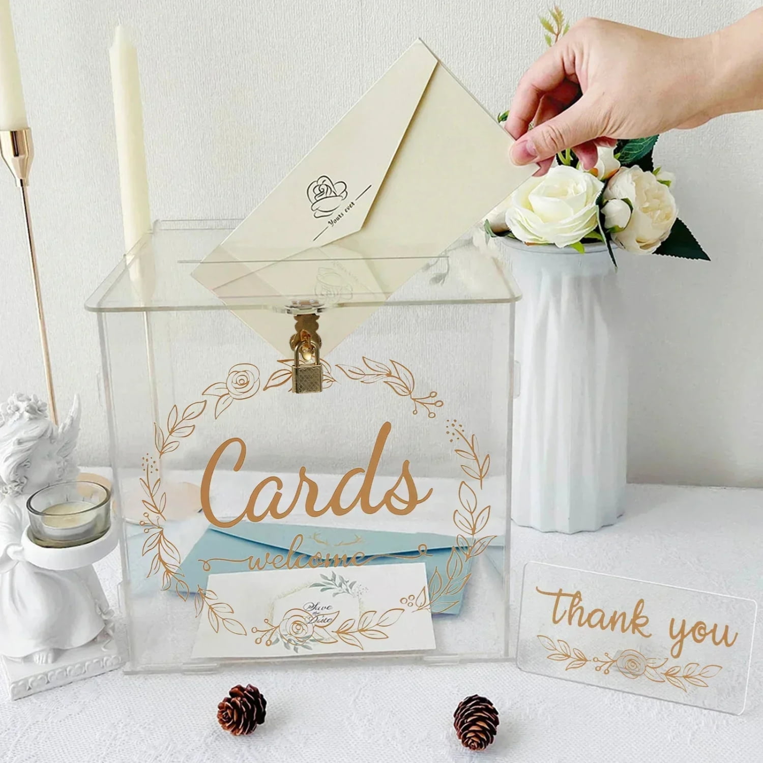DEKAXID Acrylic Wedding Card Box With Lock Thank You Sign Transparent ...