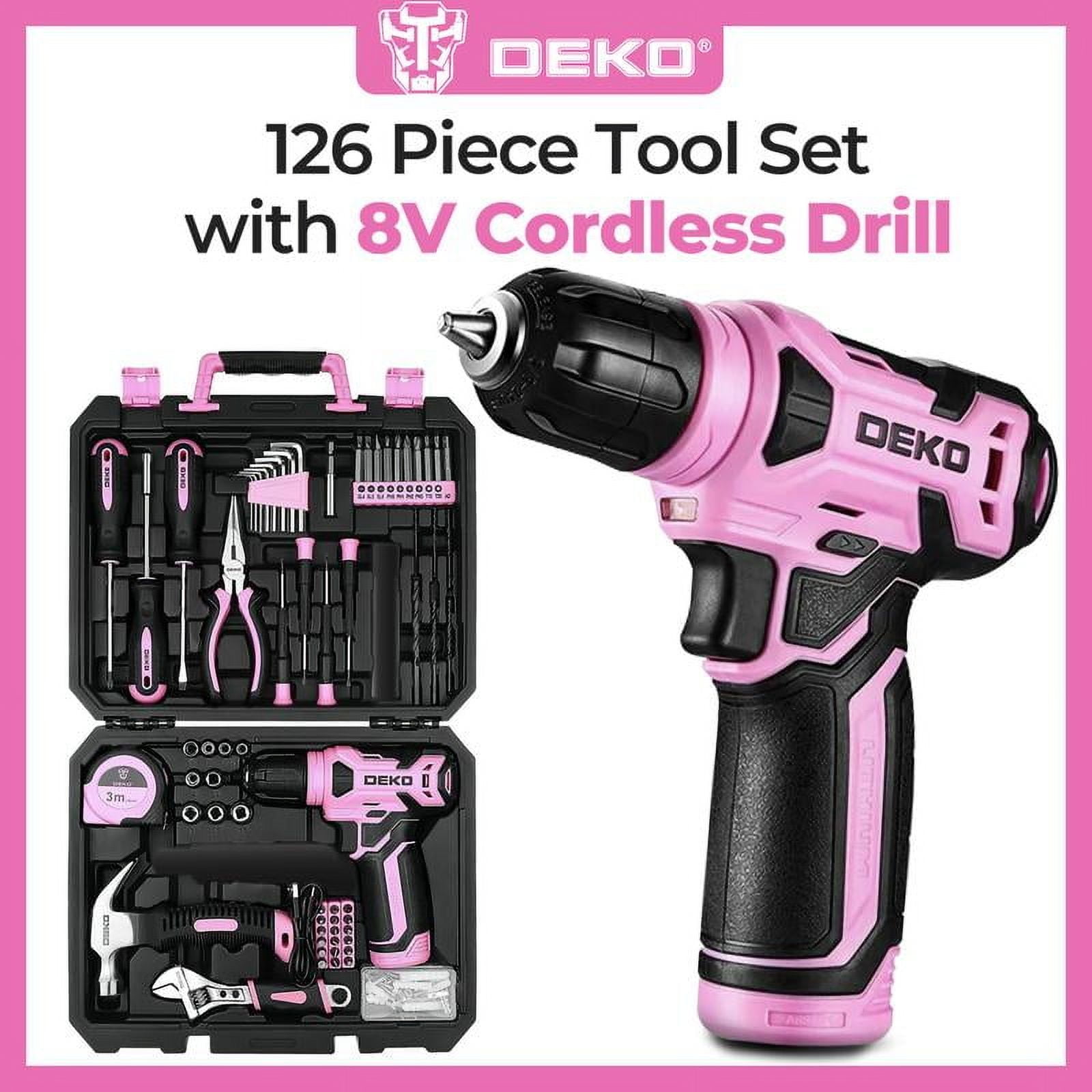 DEKO 8V Pink Cordless Tool Set | 126-piece home all-in-one DIY kit ...