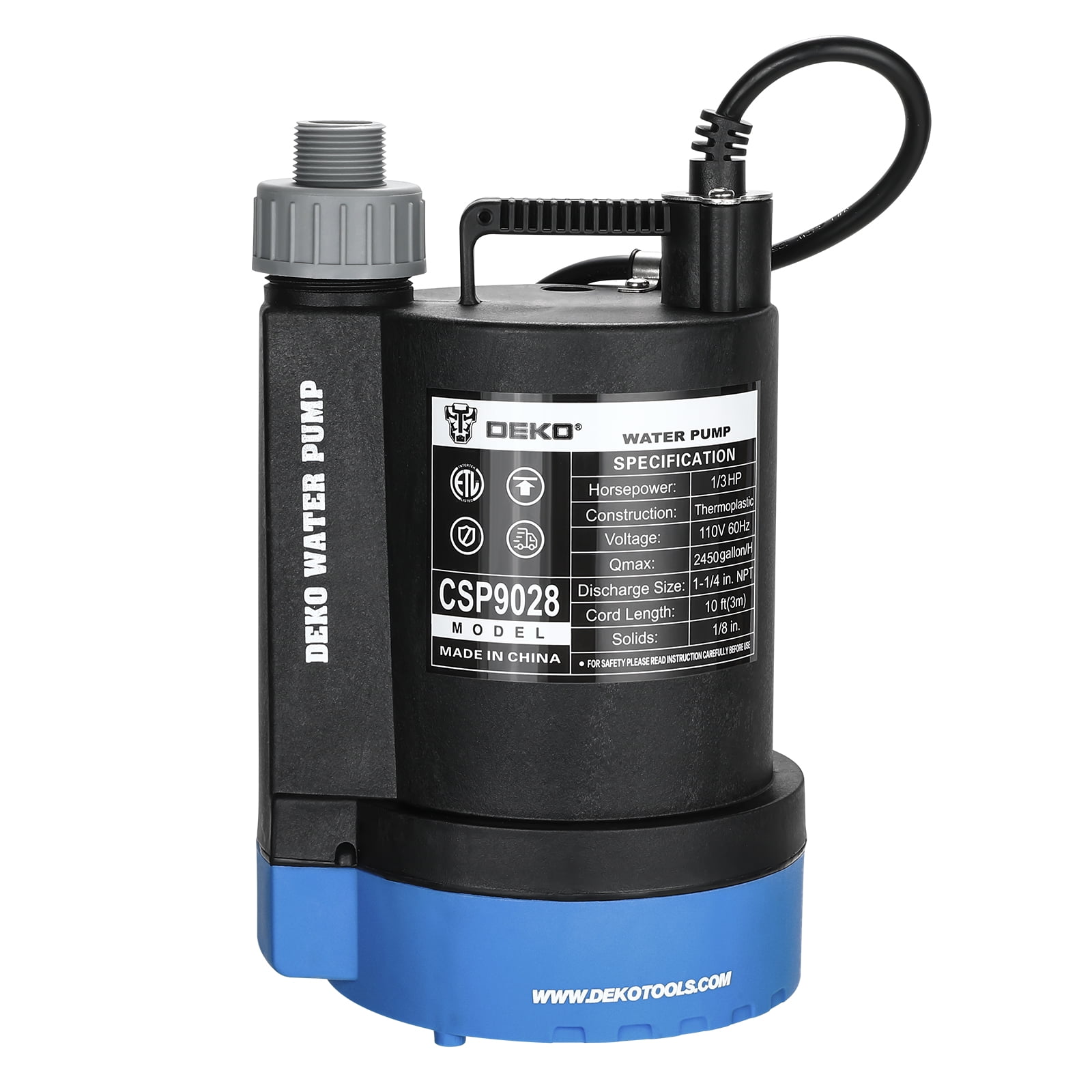 DEKOPRO Submersible Water Pump 1/3 HP 2450GPH Utility Pump ...