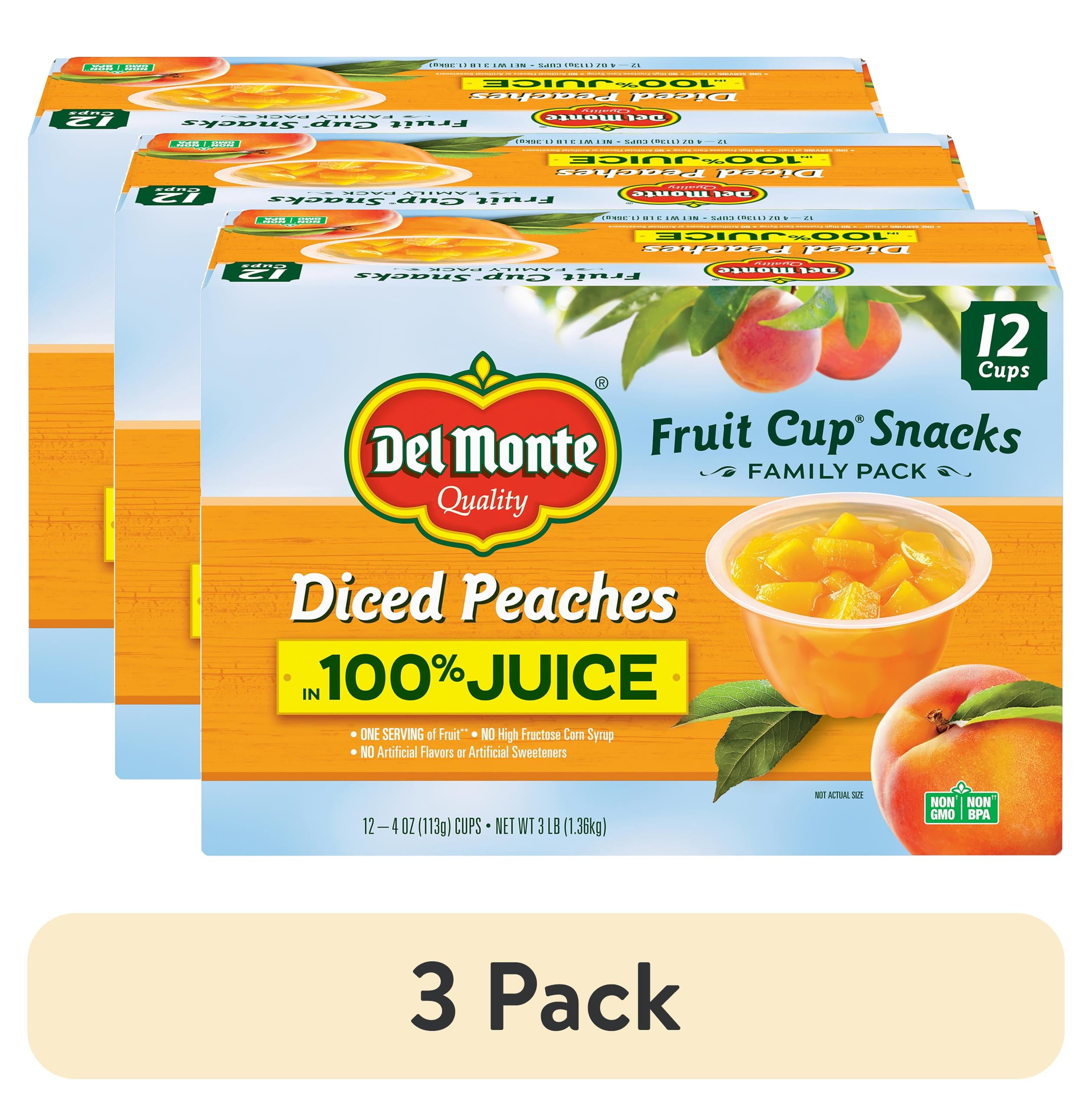 (3 pack) DEL MONTE Diced Peaches FRUIT CUP Snacks, 100% Juice, 12 Pack ...
