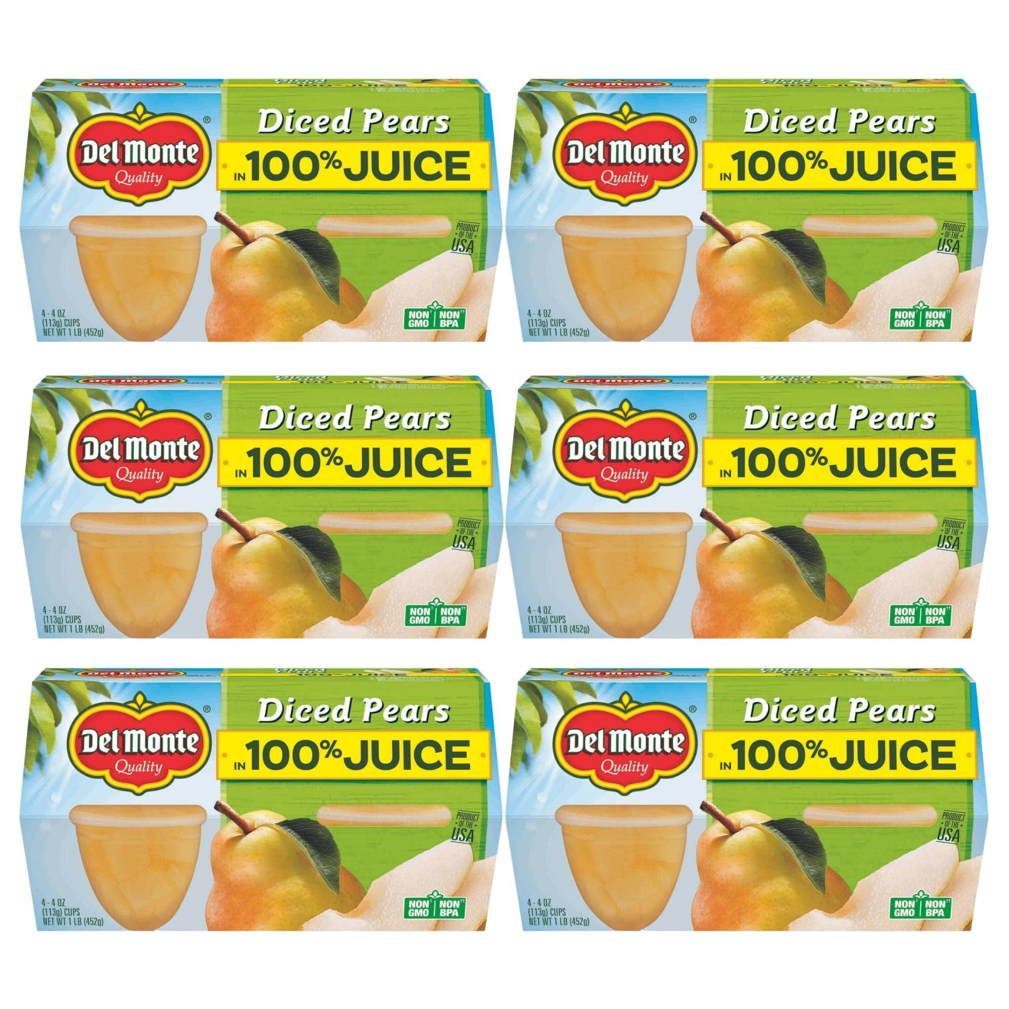 DEL MONTE Diced Pears in 100% KKS1 Juice FRUIT CUP Snacks, 4 Count ...