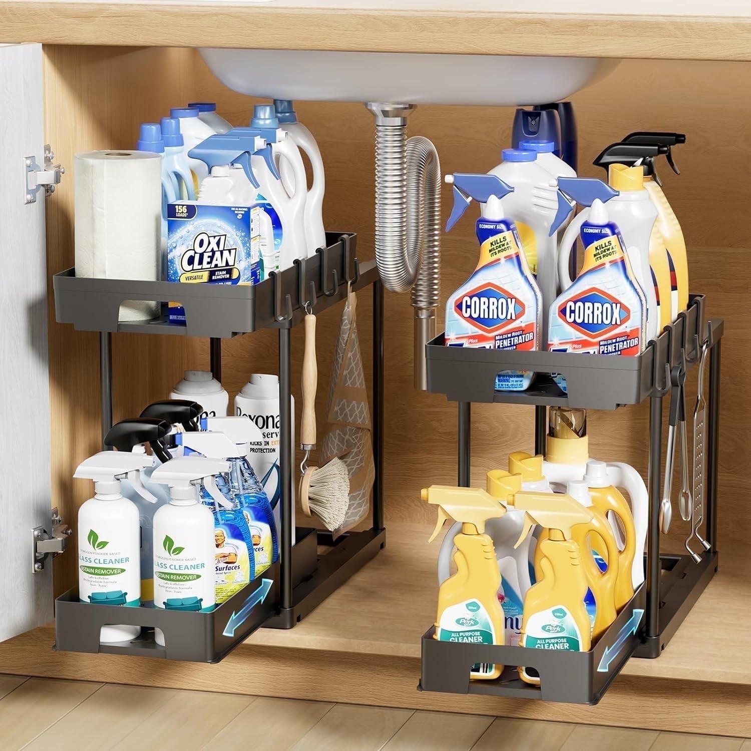 DELAMU 2 Pack Pull Out Under Cabinet Organizer, 2 Tier Sliding Drawers with Hooks and Cups ...