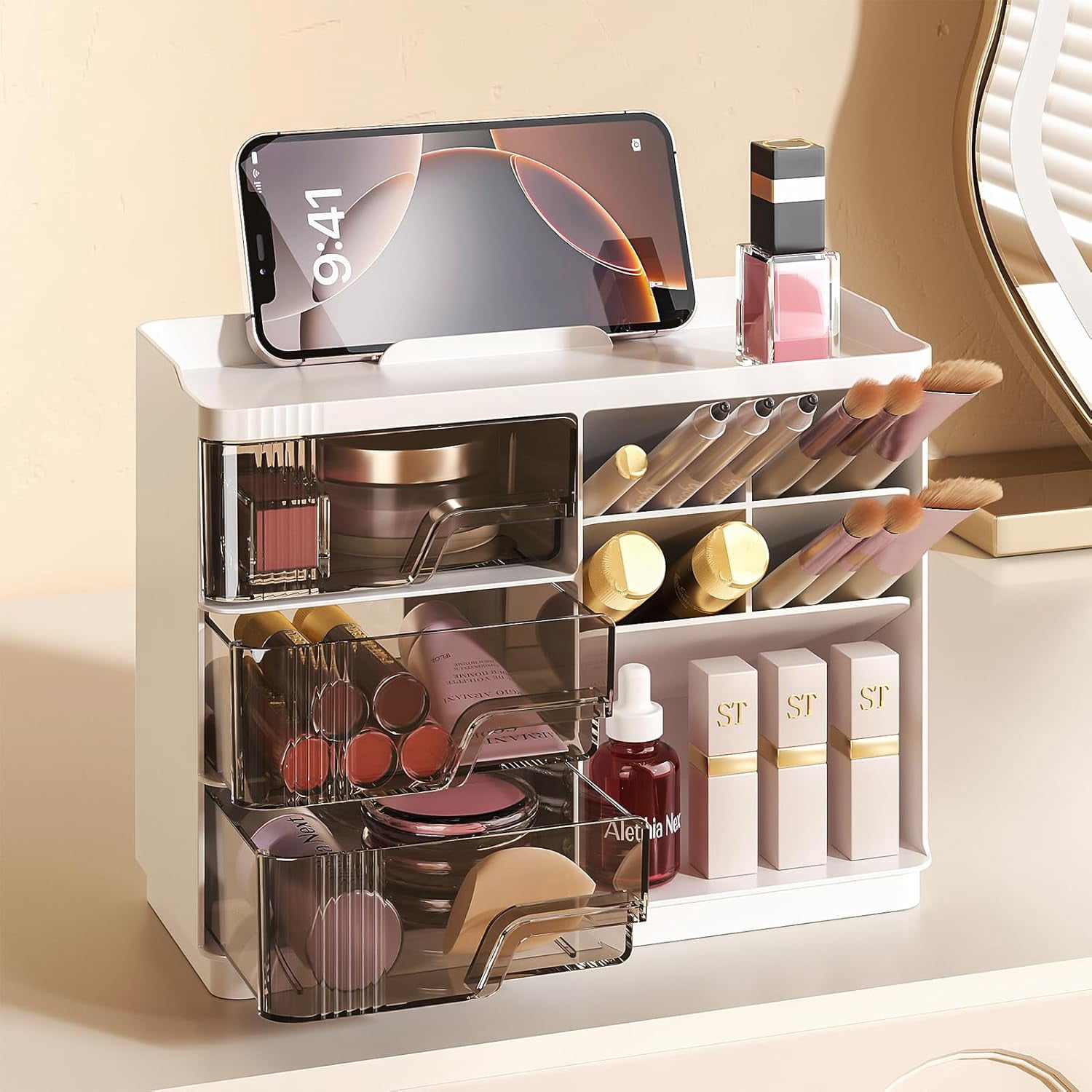 Delamu Makeup Organizer with Drawers, Multi-Function Vanity Organizer ...