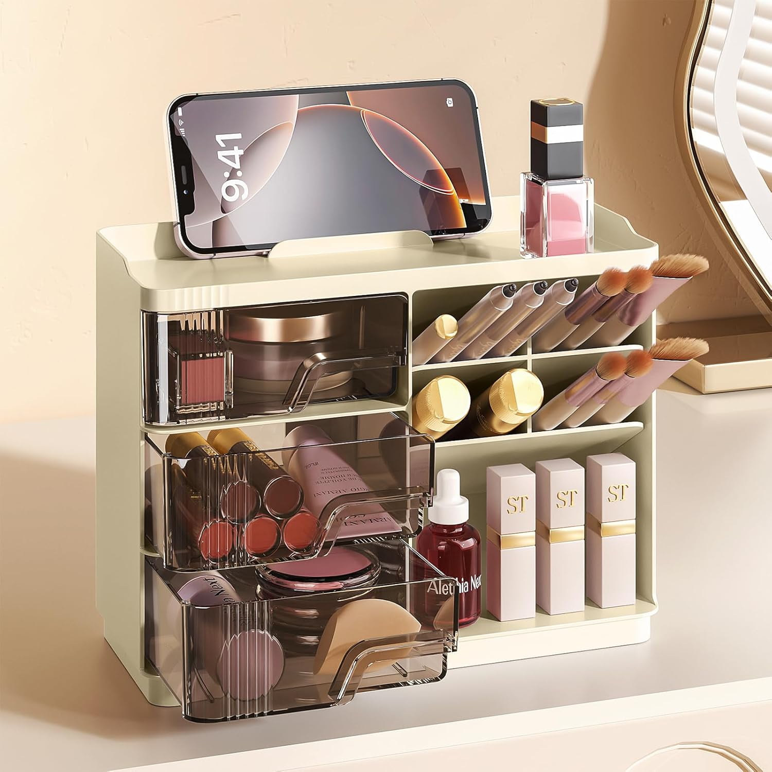 DELAMU Makeup Storage Box with Brush Slot, 3 Drawer Cosmetic Desk ...