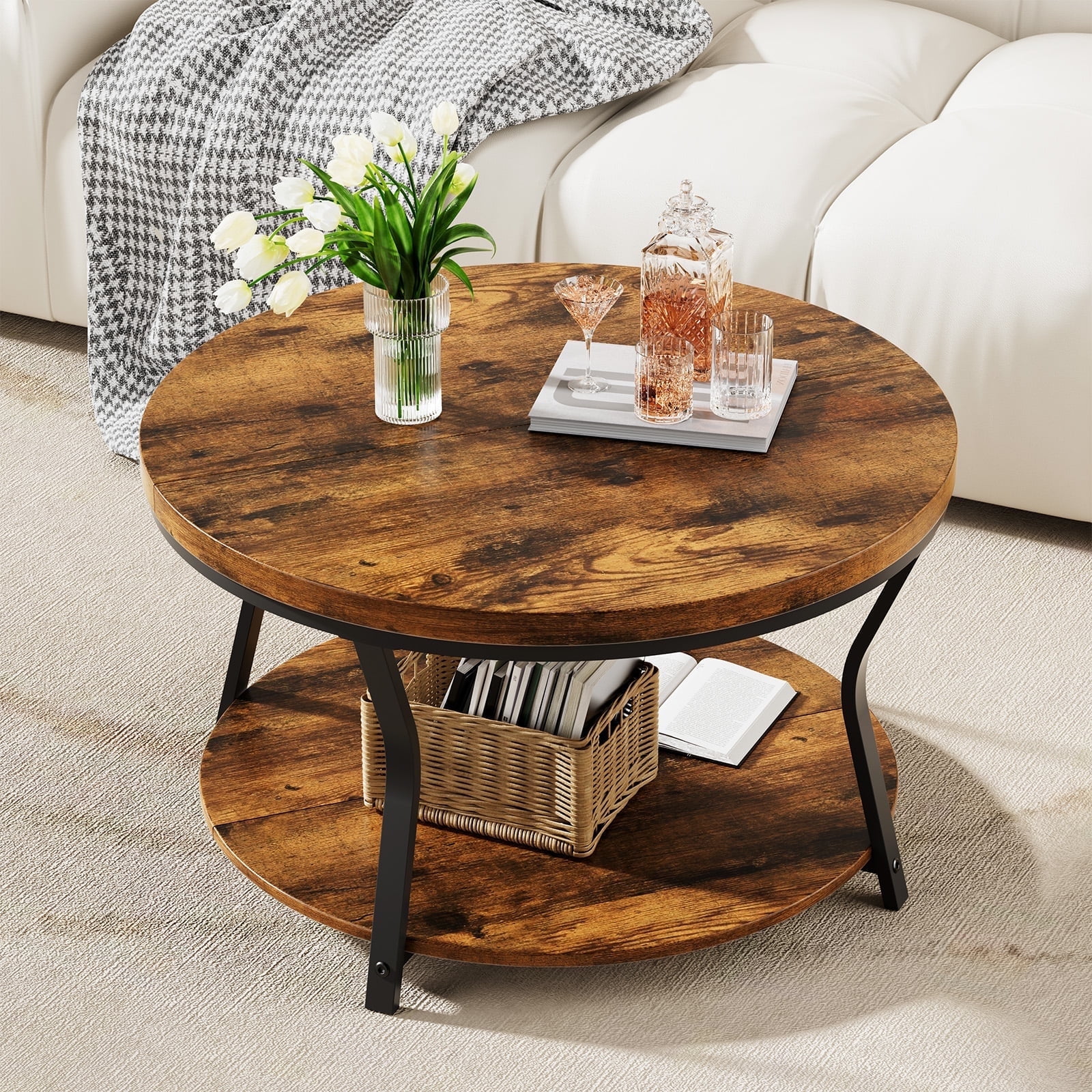 31.5in Round Coffee Table, DELAMU 2 Tier Rustic Wood Industrial Center Table for Living Room ...