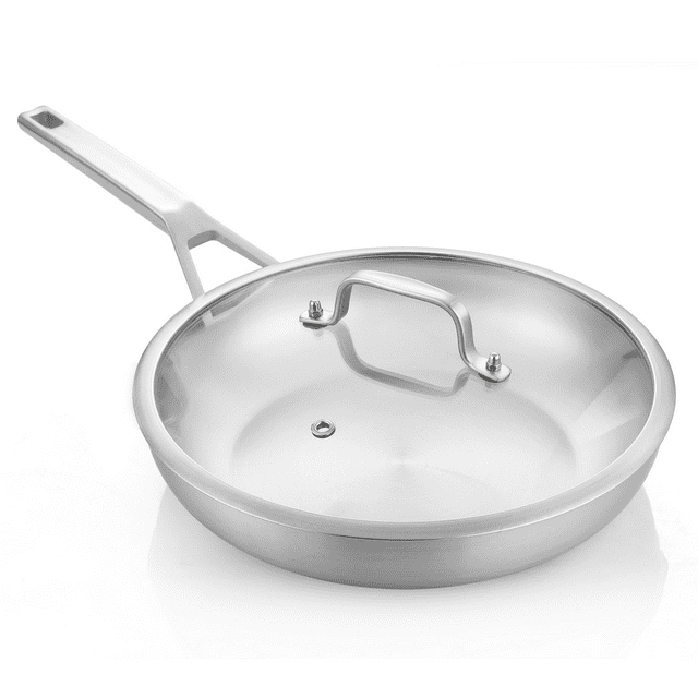 Delarlo Tri-Ply Stainless-Steel 12-Inch Frying Pan with Lid - Oven-Safe ...