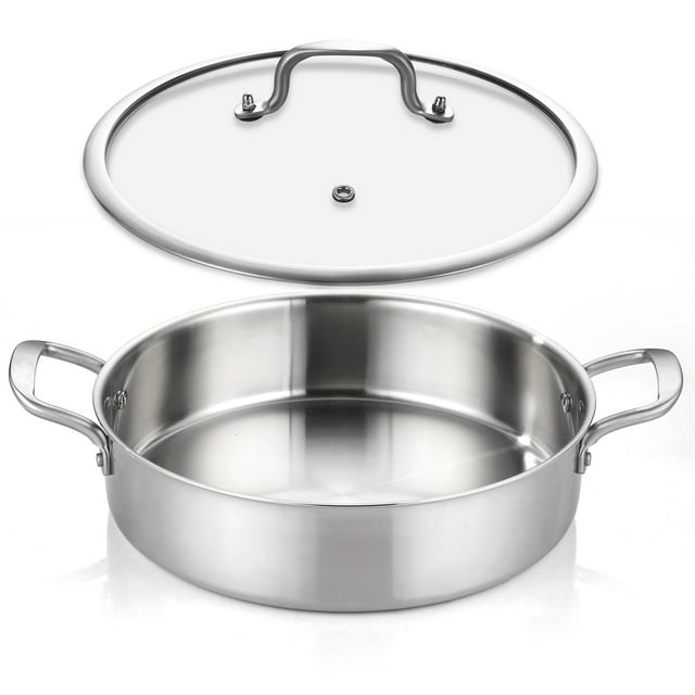 DELARLO Tri-Ply Stainless Steel 5QT Saute Pan with lid Double handle 12 ...
