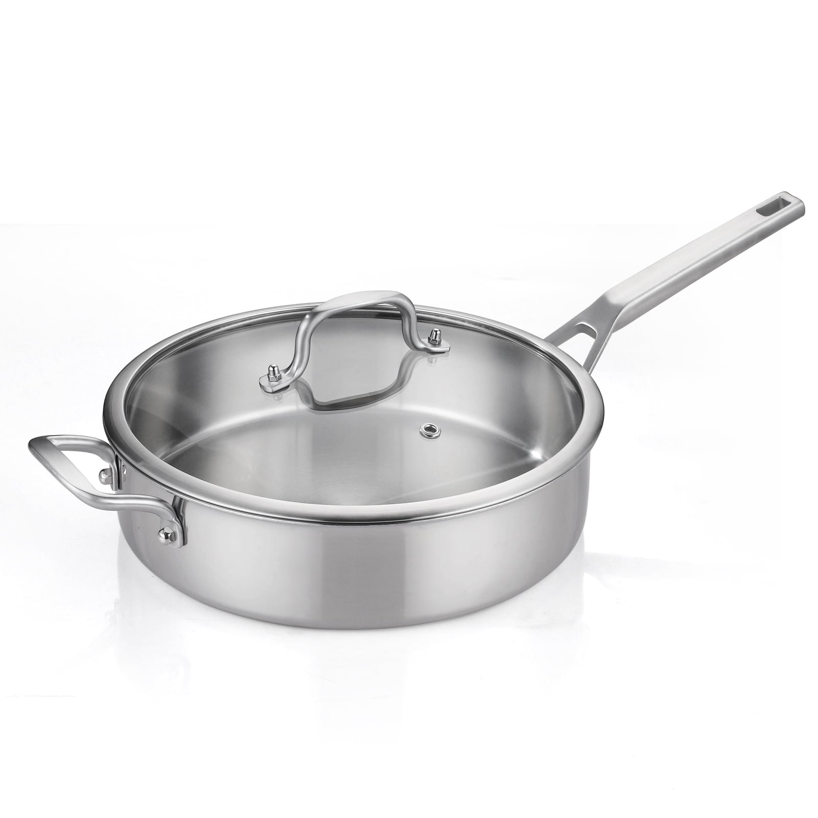 DELARLO Tri-Ply Stainless Steel 6QT Saute Pan with lid 12 Inch Deep ...