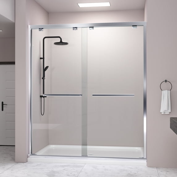 DELAVIN 56-59 in.W x 75 in.H Semi-Frameless Double Sliding Glass Shower ...