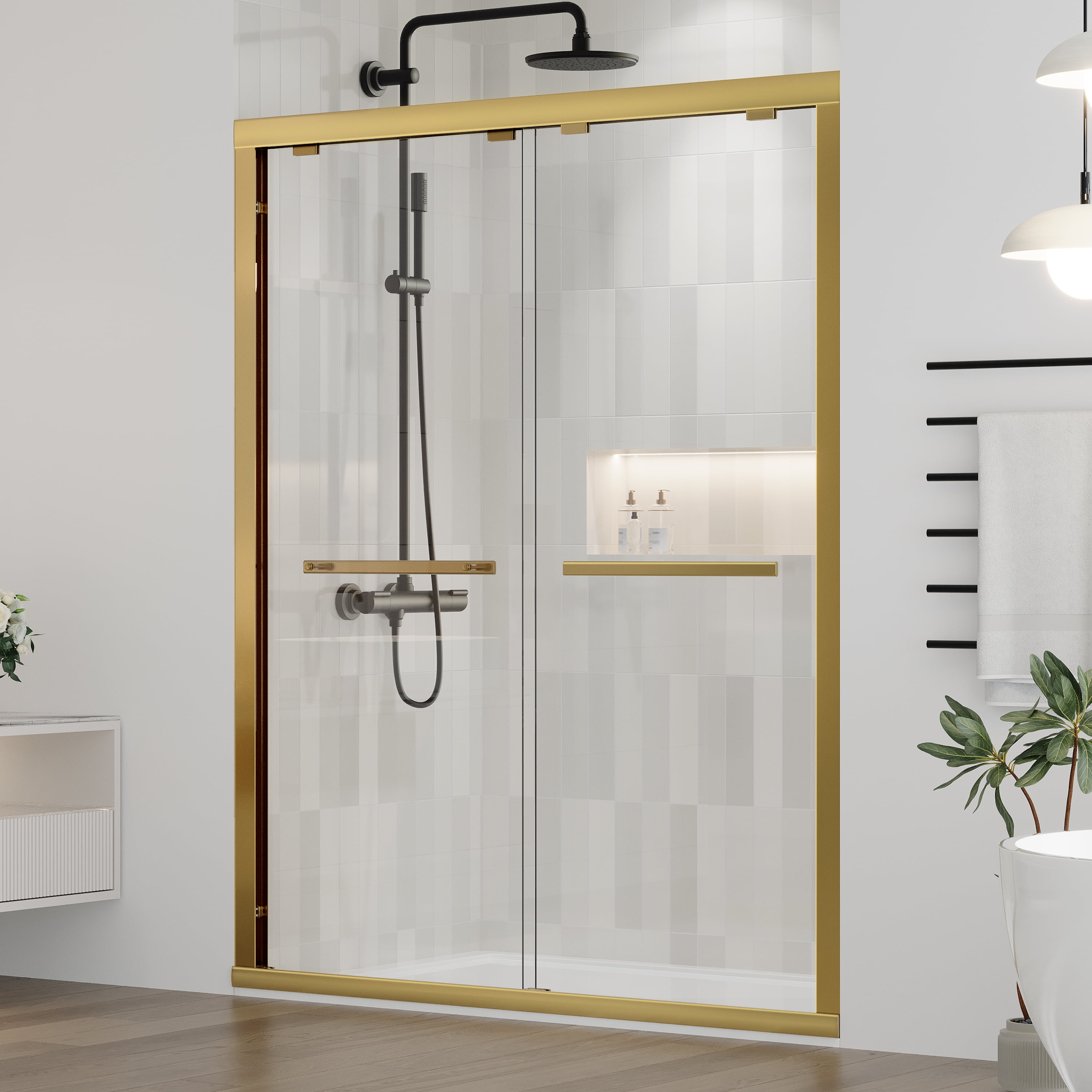 DELAVIN 56-59 in.W x 75 in.H Semi-Frameless Double Sliding Shower Door, SGCC Tempered Glass ...