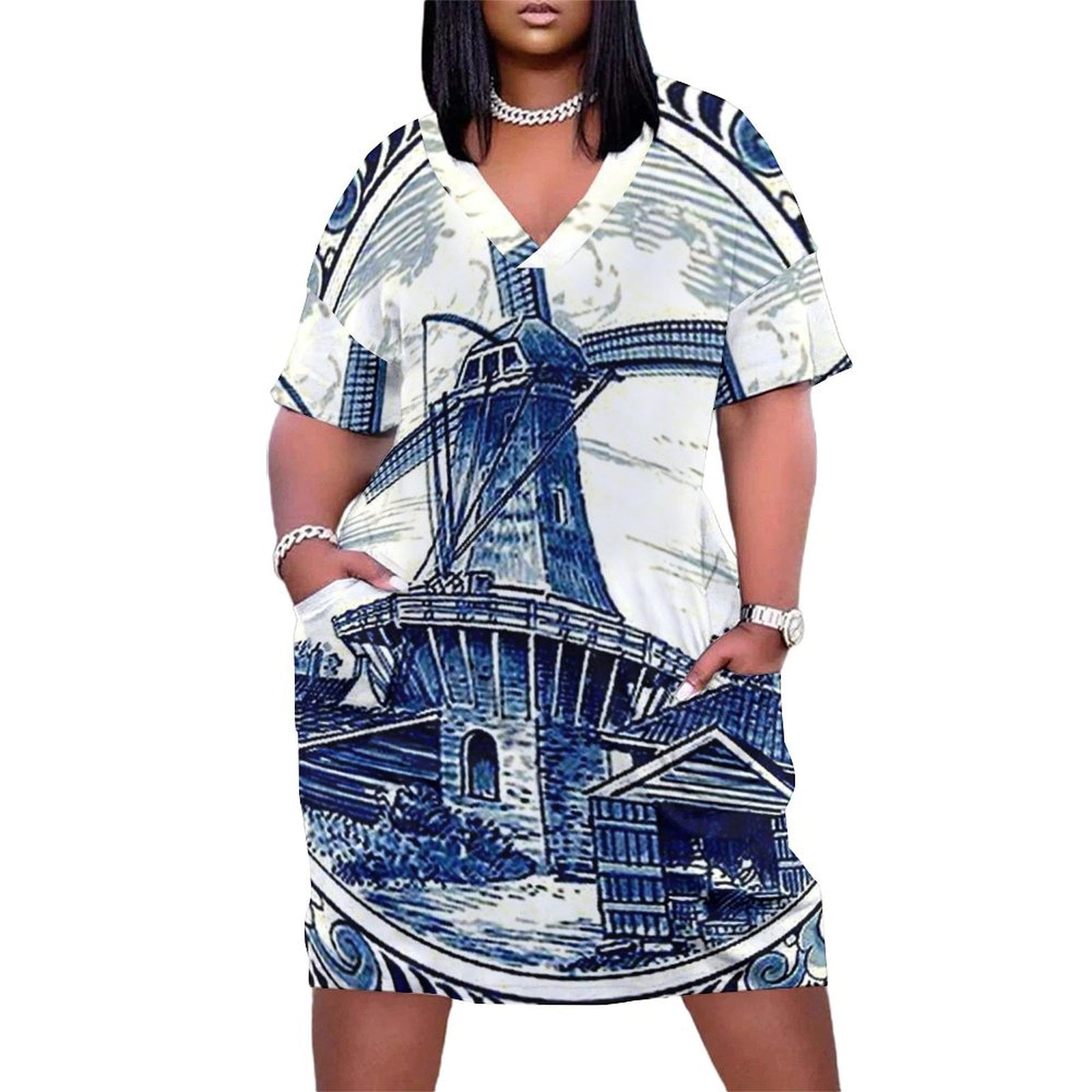 DELFT-vestido holgado Vintage con estampado de molino de viento para mujer vestidos de verano ...