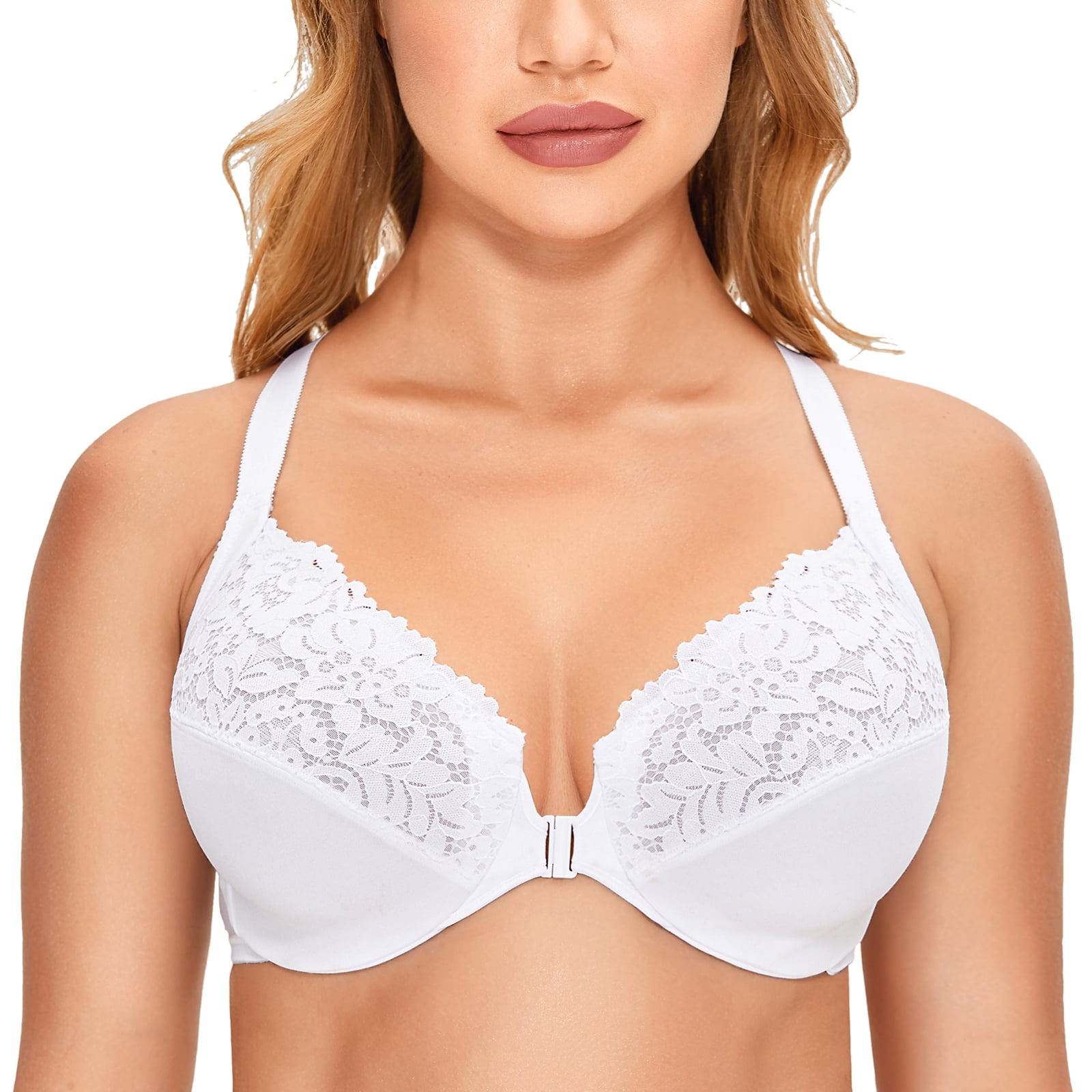 DELIMIRA Women's Front Closure, Full Coverage, Lace Underwire, Padded Racerback Bra with Mesh ...