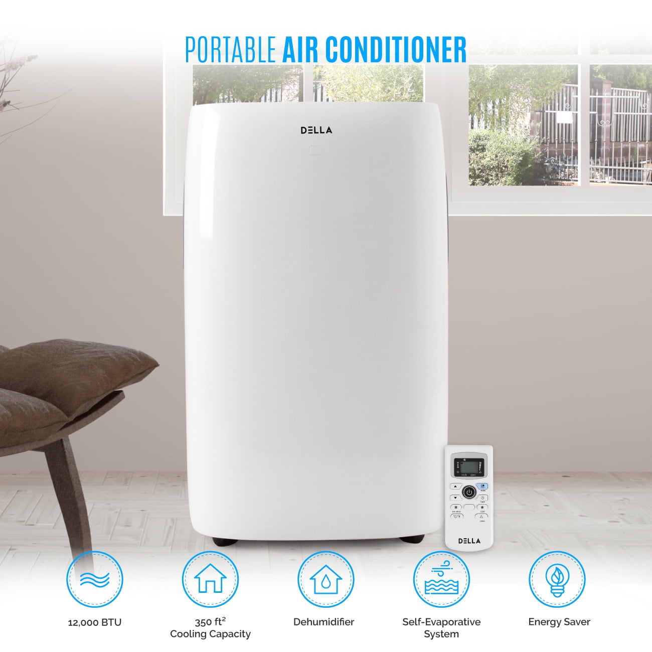 DELLA 12000 BTU Portable Air Conditioner Dehumidifier Fan 24hr Timer ...