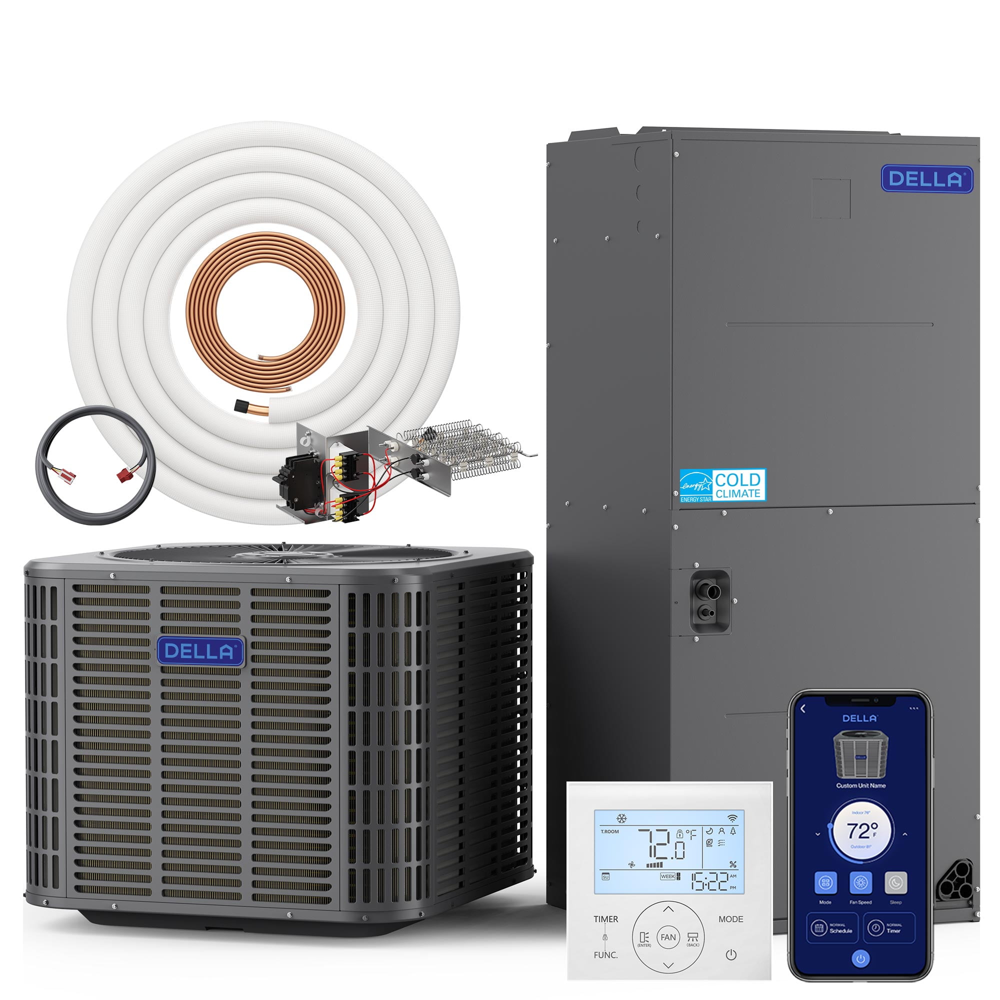 DELLA 34,000 BTU Ducted Central AC with Air Handler, Heat Pump Inverter ...