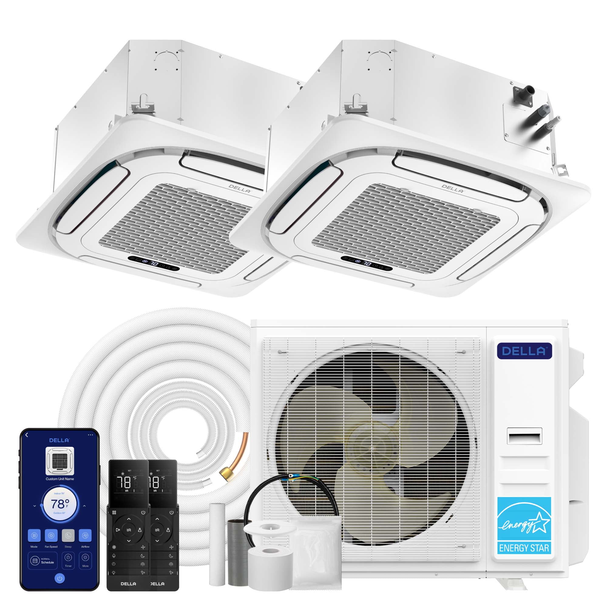 DELLA 42,000 BTU 2 Zone (18K+23K) Ceiling Cassette Mini Split AC, Ultra ...