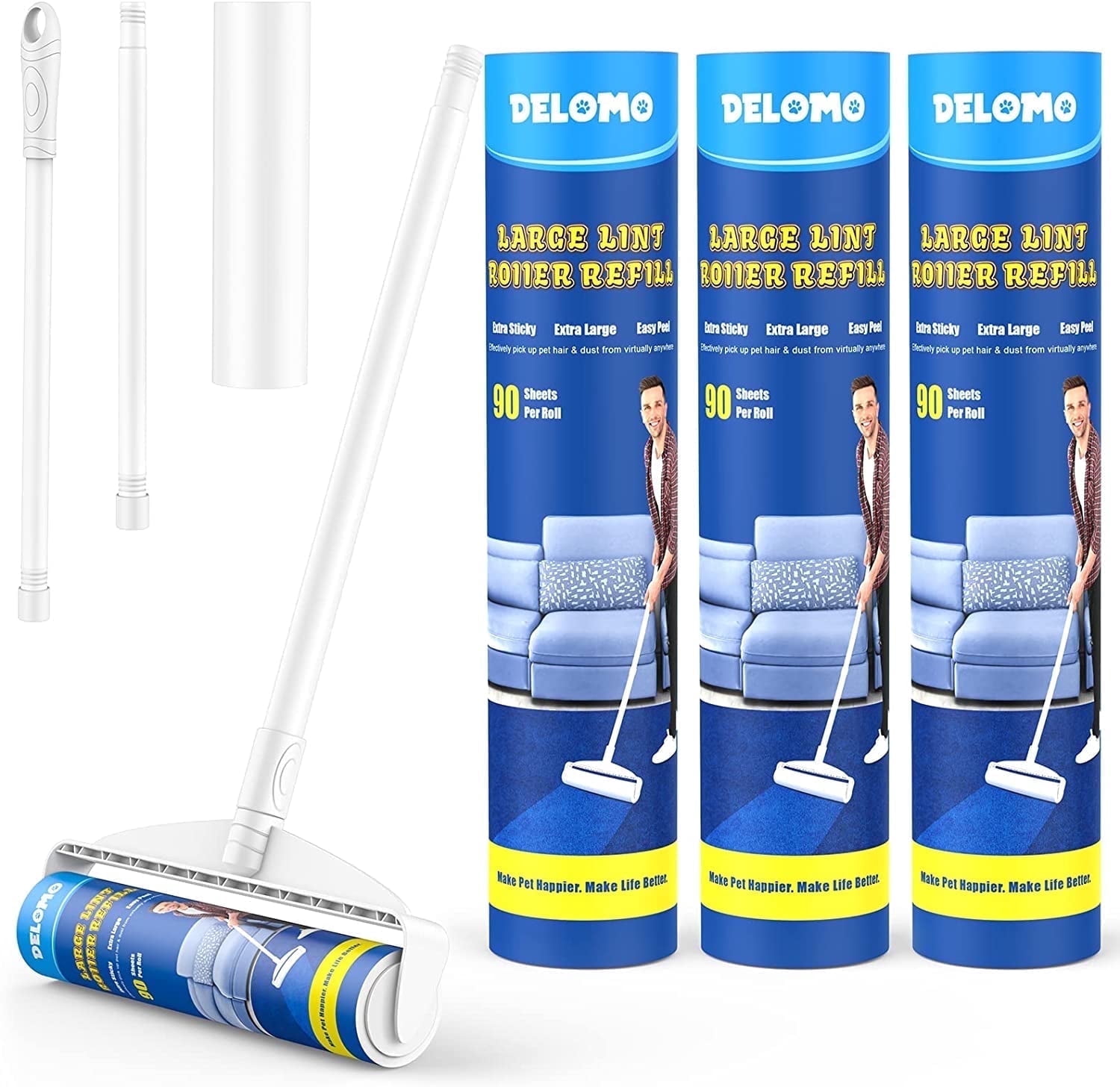 DELOMO Refillable Large Lint Roller, Extra Sticky, 9.45in Handle, 360 ...