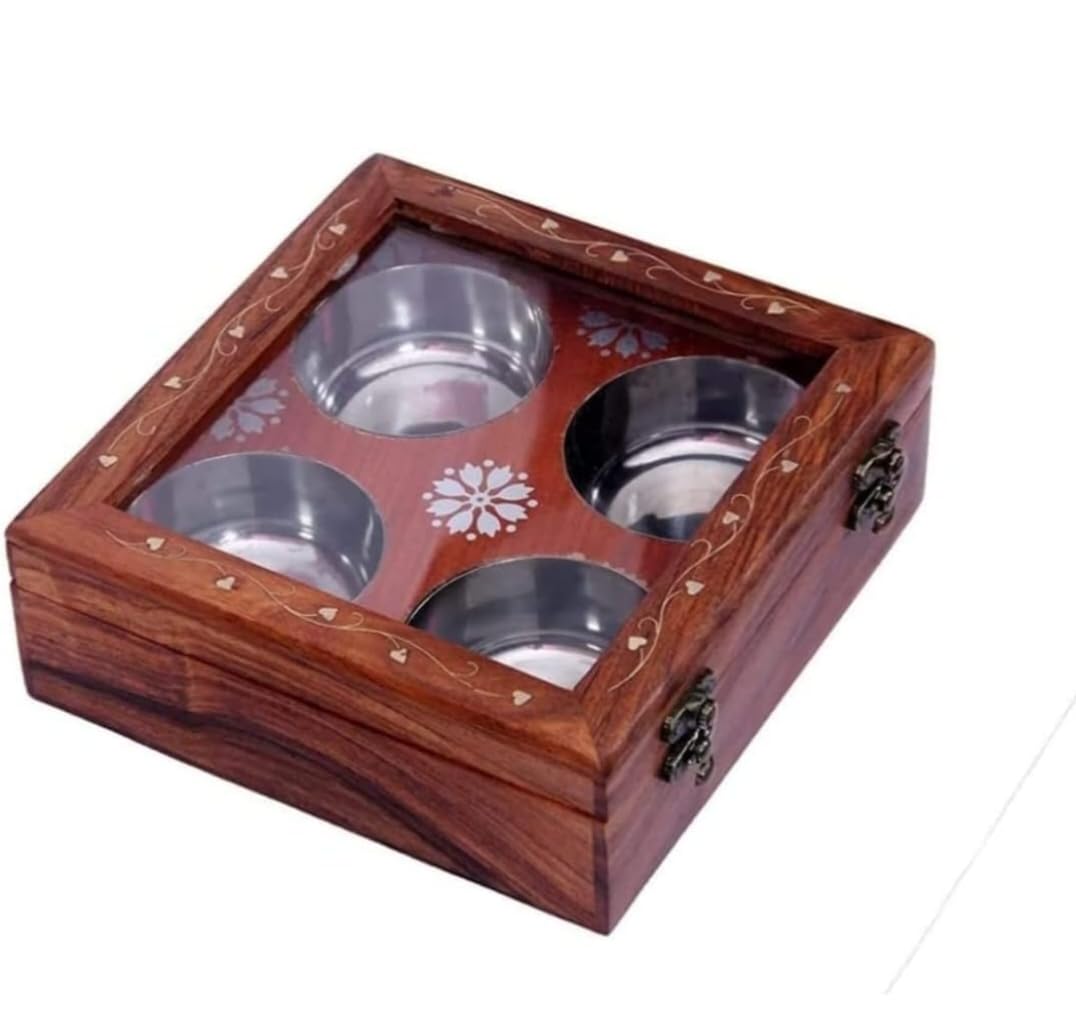 DELUX WOOD CARVER WOODEN HANDMADE SPICE BOX DRY FRUIT BOX 4 CONATINERS ...