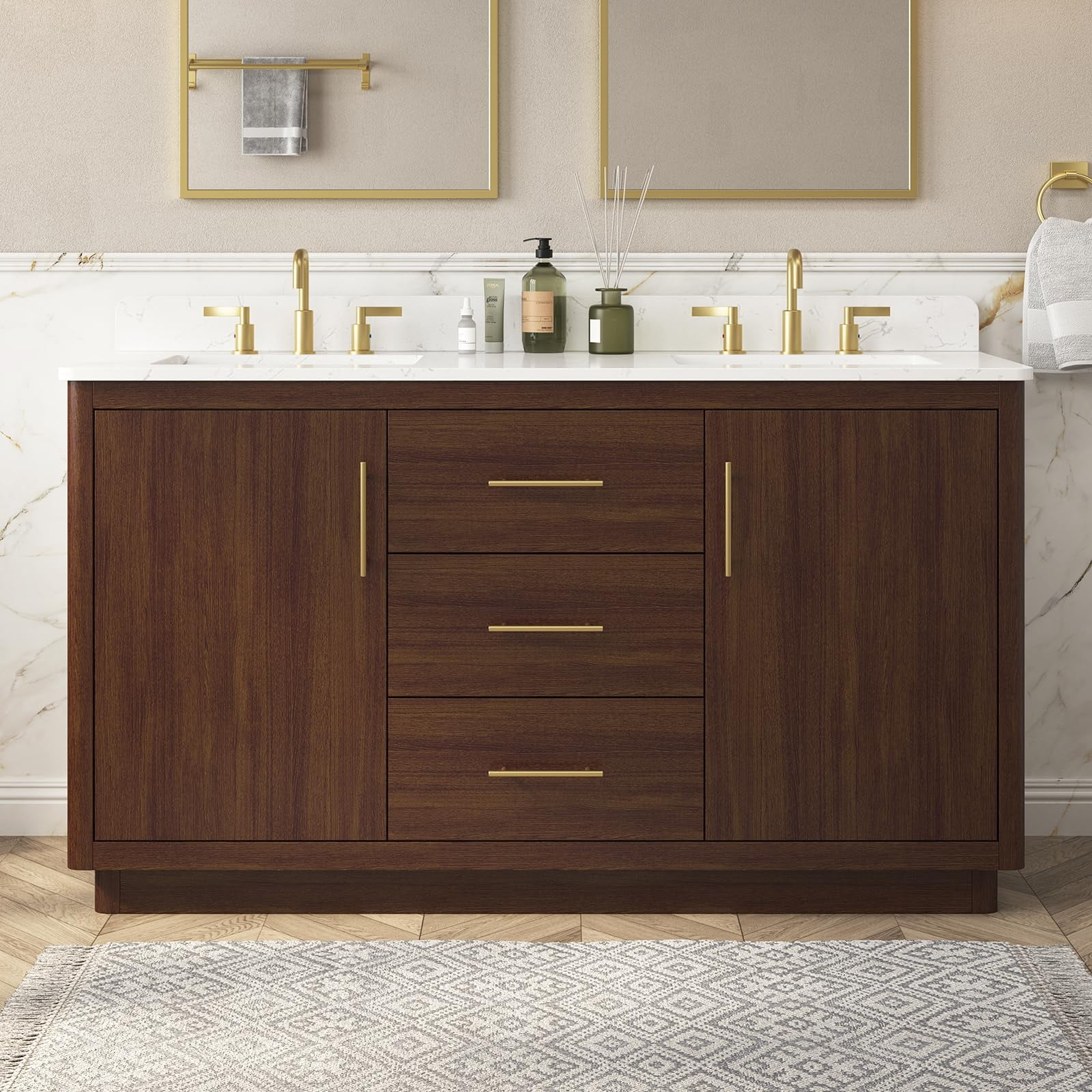DELUXE LIVING 60"Bathroom Vanity with Double Sink,Ceramic Sink Vanity ...