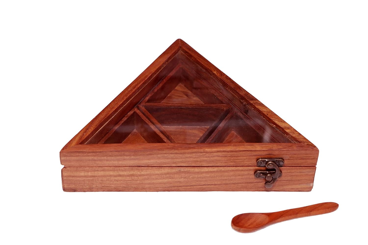 DELUXE WOOD HANDICRAFTS Triangle Spice Box with Spoon in Sheesham Wood ...