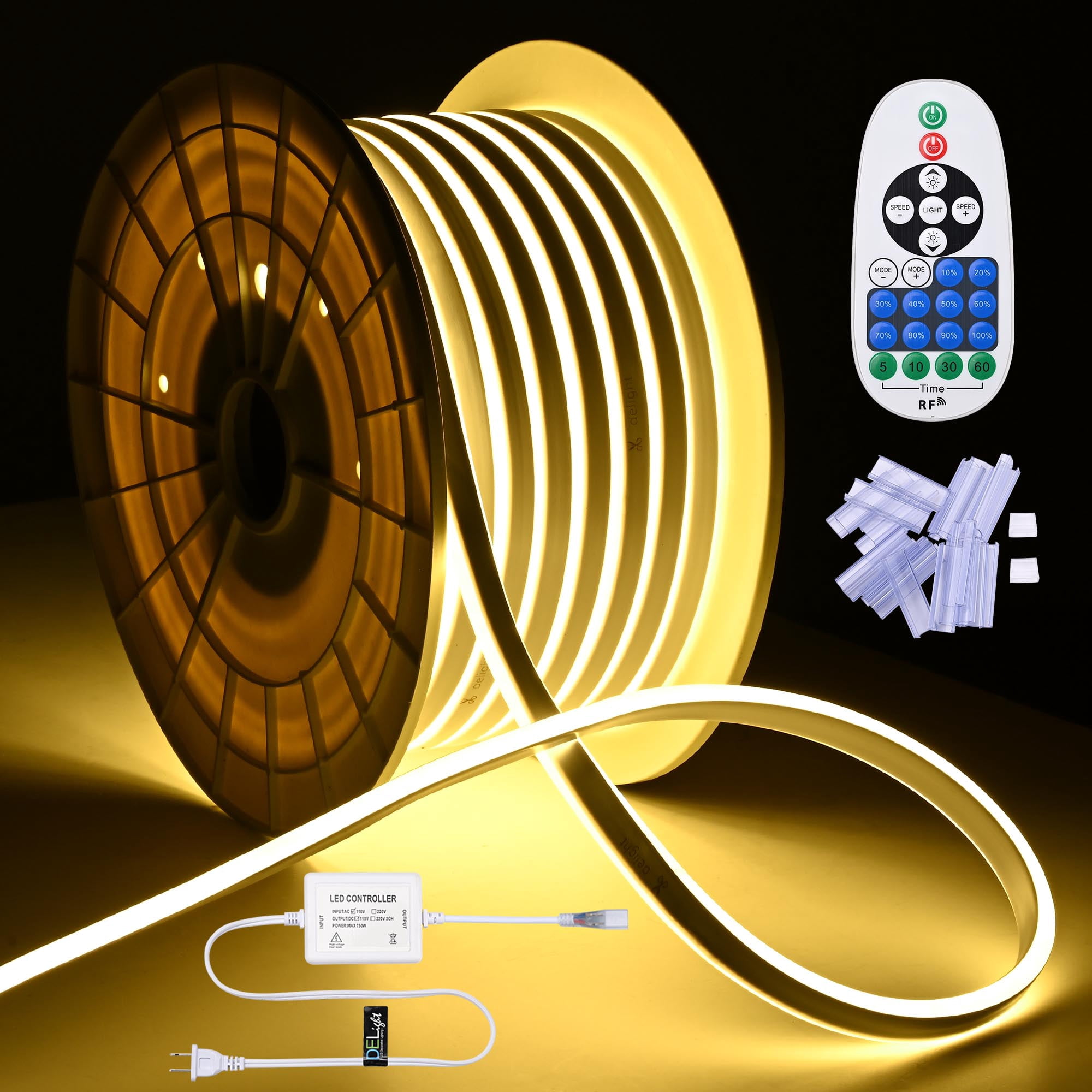 DELight 100FT Warm White LED Strip Neon Rope Lights w/Remote Control ...