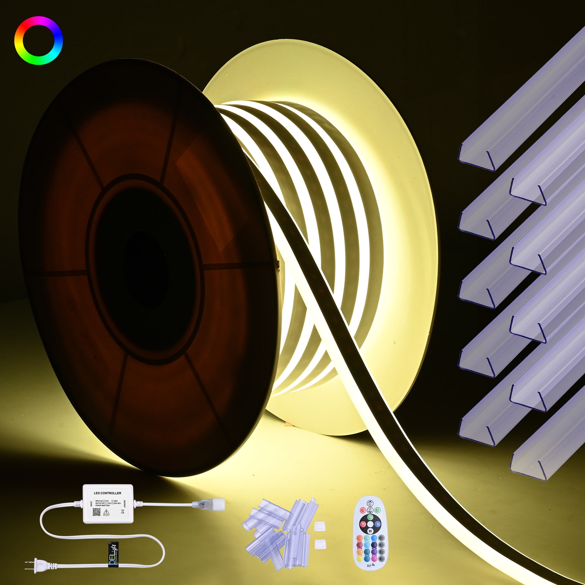 DELight 50FT RGB Neon Rope Lights with 2" Plastic U Channel System ...